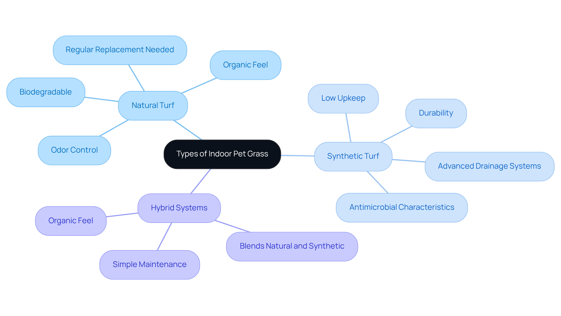 This mindmap shows the different types of indoor pet grass available. Each branch represents a category, and the sub-branches highlight their unique features. Follow the branches to understand how each option meets the needs of pets and their owners. This mindmap shows the different types of indoor pet grass available. Each branch represents a category, and the sub-branches highlight their unique features. Follow the branches to understand how each option meets the needs of pets and their owners.