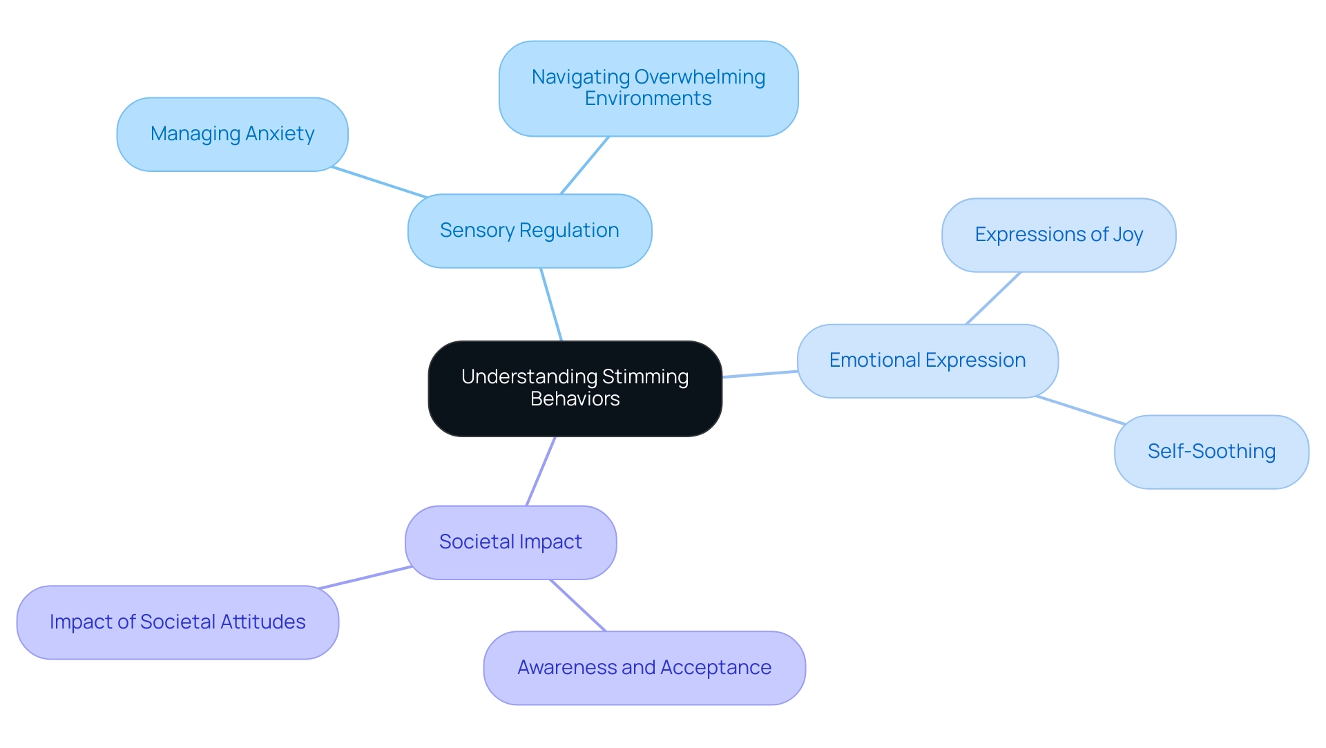 The central node represents the overall concept of stimming, with branches detailing its functions: sensory regulation (blue), emotional expression (green), and societal impact (orange).