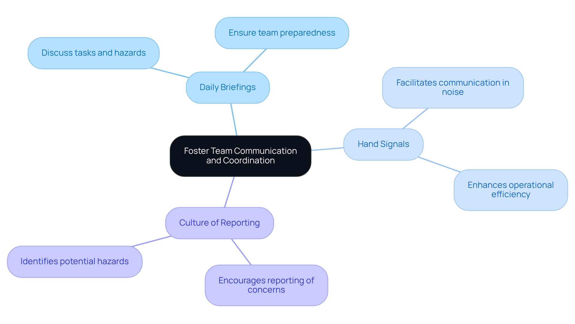 The central node represents the main focus on communication and coordination, while the branches show specific practices that enhance safety and efficiency. Each sub-point provides additional details on how these practices contribute to a safer workplace. The central node represents the main focus on communication and coordination, while the branches show specific practices that enhance safety and efficiency. Each sub-point provides additional details on how these practices contribute to a safer workplace.