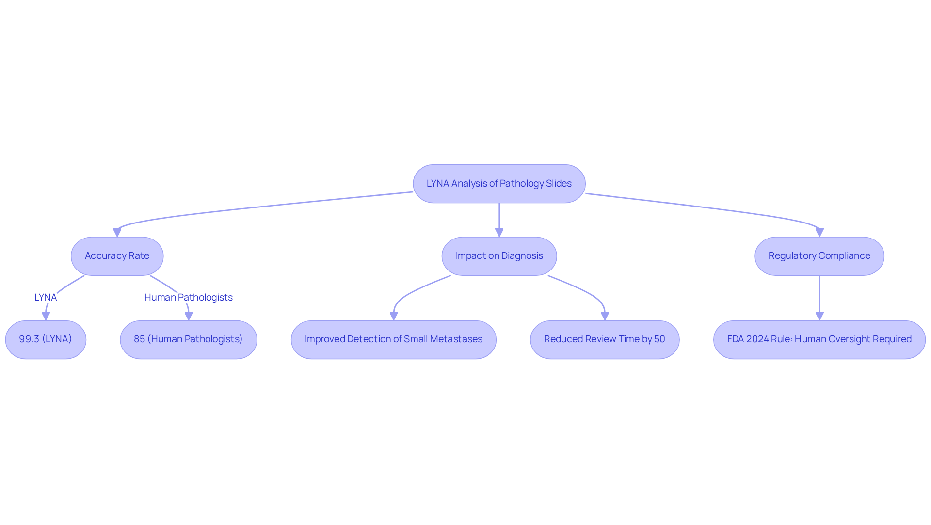 Follow the arrows to see how LYNA improves cancer detection accuracy and efficiency, and understand the importance of regulatory compliance in AI diagnostics.