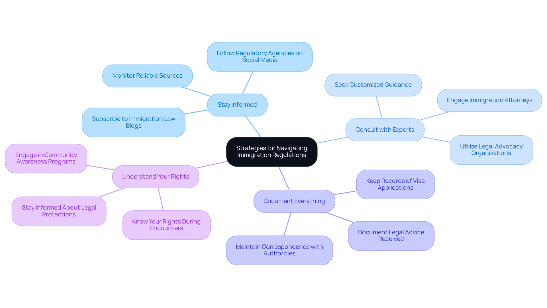 The center represents the overall goal of navigating immigration regulations. Each branch is a strategy, and the sub-branches provide actionable steps or details to help implement that strategy.
