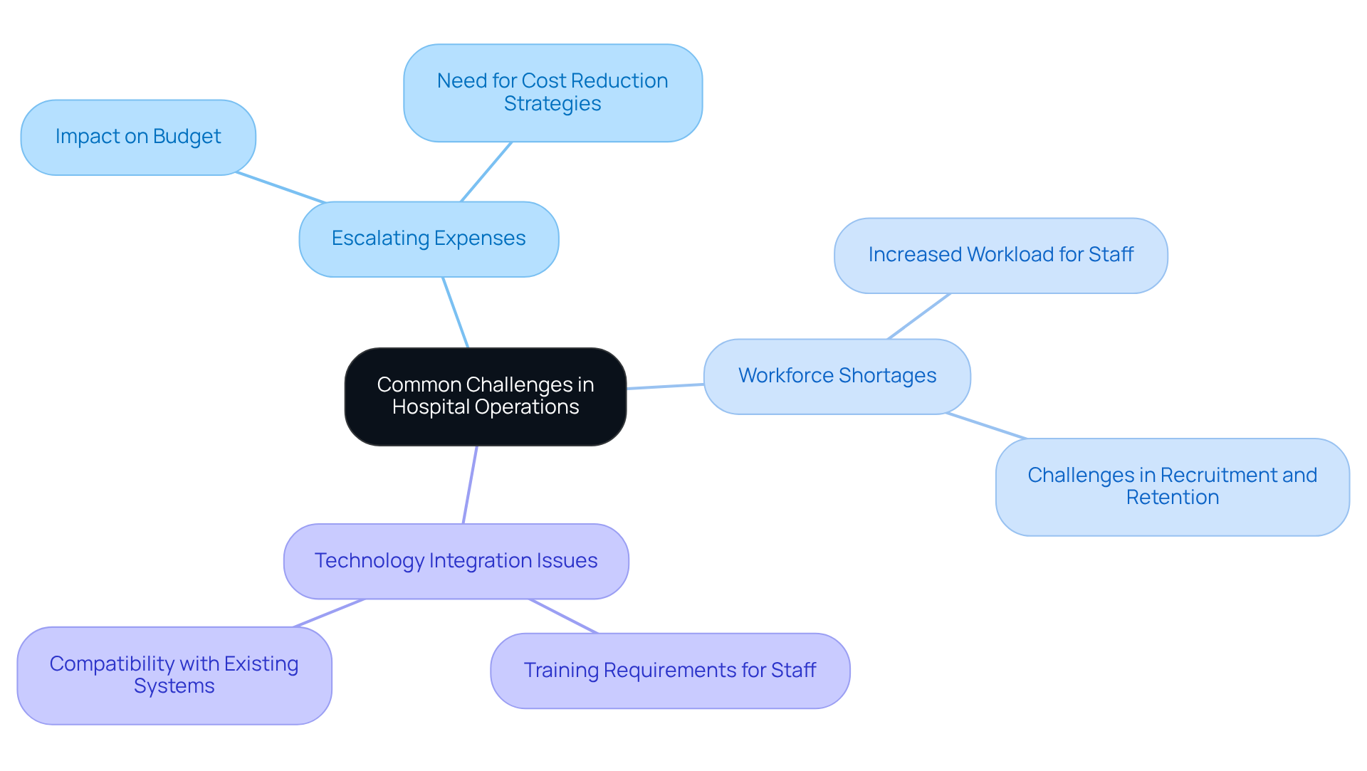 The center represents the main theme of challenges in hospital operations. Each branch highlights a specific challenge, showing how they contribute to the need for operational efficiency improvements. The center represents the main theme of challenges in hospital operations. Each branch highlights a specific challenge, showing how they contribute to the need for operational efficiency improvements.