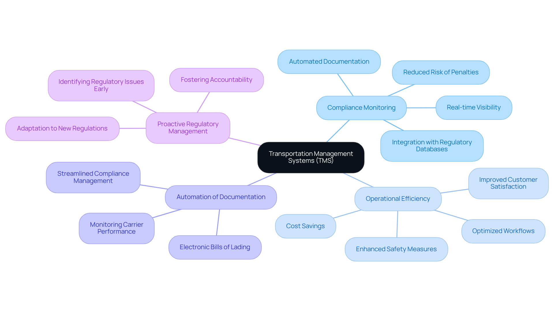 The central node represents TMS, and the branches show how it contributes to various aspects of compliance and efficiency in logistics. Each color-coded branch highlights a different benefit, making it easy to see how they connect back to the main theme. The central node represents TMS, and the branches show how it contributes to various aspects of compliance and efficiency in logistics. Each color-coded branch highlights a different benefit, making it easy to see how they connect back to the main theme.