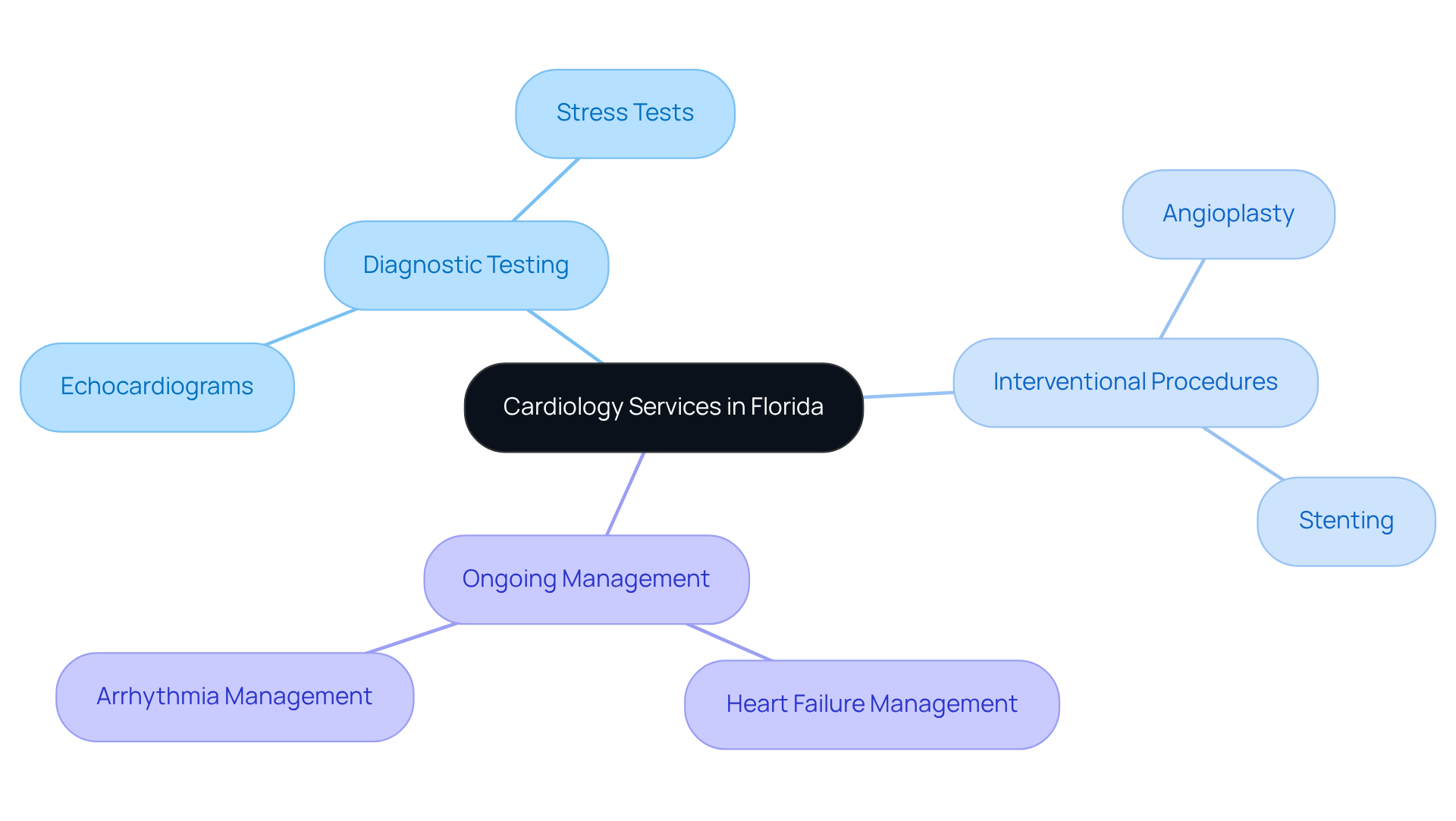 The central node represents cardiology services, while the branches show different types of services available. Each color-coded branch helps you quickly identify the category of services, making it easier to understand your options.