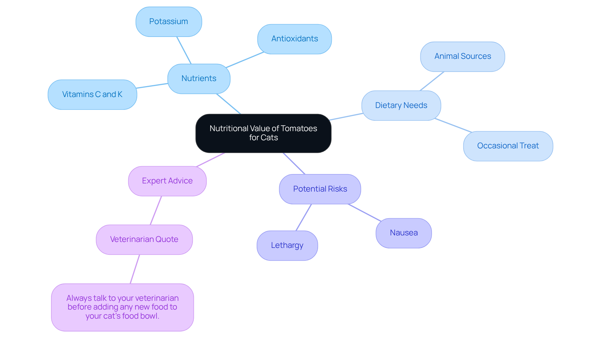 The central idea is about feeding tomatoes to cats. Branches show the nutrients in tomatoes, the dietary needs of cats, potential risks, and advice from a veterinarian. Follow the branches to understand how each aspect relates to the main topic.