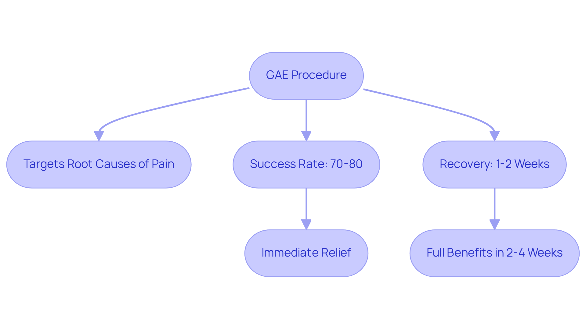 This flowchart outlines the GAE procedure process. Start with the treatment, then see how it targets pain, its success rate, and the recovery timeline. Each step shows how patients can benefit and regain their active lifestyle.