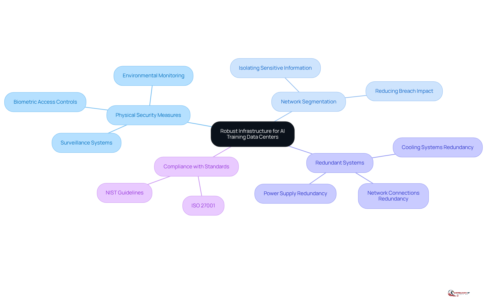This mindmap starts with the central idea of building a robust infrastructure for AI training data centers. Each branch represents a key component of that infrastructure, and the sub-branches provide more detail on specific measures or practices within each component. Follow the branches to understand how each part contributes to overall security and operational integrity. This mindmap starts with the central idea of building a robust infrastructure for AI training data centers. Each branch represents a key component of that infrastructure, and the sub-branches provide more detail on specific measures or practices within each component. Follow the branches to understand how each part contributes to overall security and operational integrity.