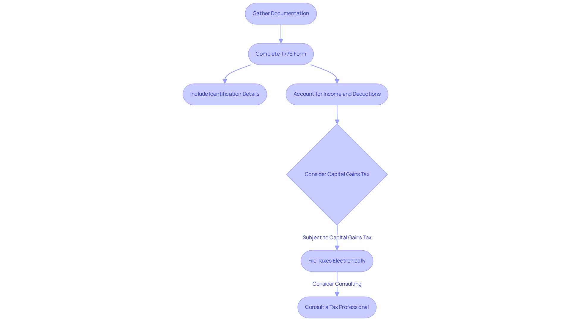 Follow the arrows to see each step in the tax filing process. Each box represents an action you need to take, and the colors help highlight important considerations.