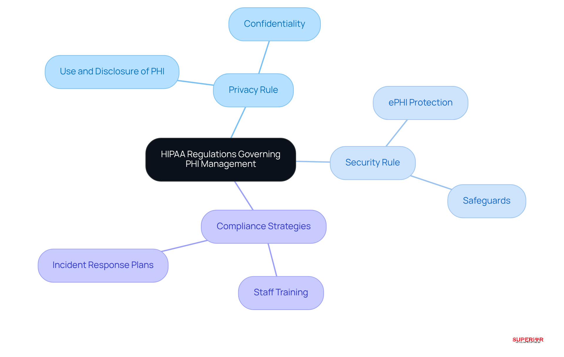 This mindmap starts with the central theme of HIPAA regulations. Each branch represents a key area of focus, showing how the Privacy and Security Rules relate to compliance strategies. Follow the branches to see how each component contributes to the overall management of Protected Health Information.