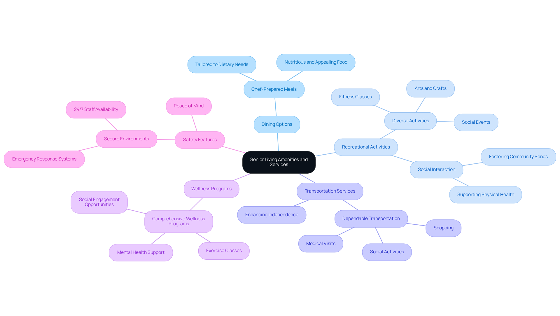 The central node represents senior living amenities, while branches show different categories that enhance residents' well-being. The sub-nodes provide more detailed aspects of each category.