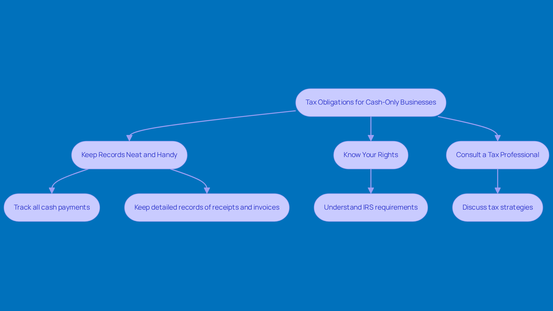 This flowchart guides cash-only business owners through essential steps to manage their tax obligations. Follow the arrows to see what actions to take to stay compliant and avoid penalties.