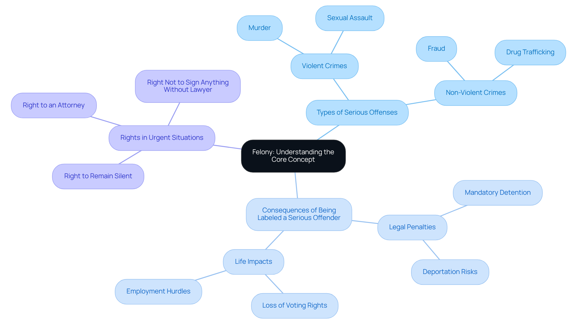 This mindmap starts with the main idea of felonies at the center. From there, you can explore different types of serious offenses, the consequences of being labeled a serious offender, and your rights in urgent legal situations. Each branch helps you understand how these concepts are connected.