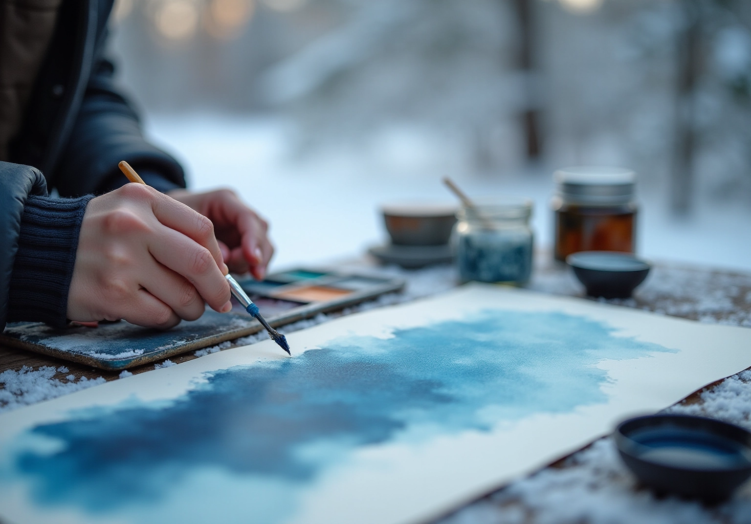 Winter Watercolor Painting in Progress
