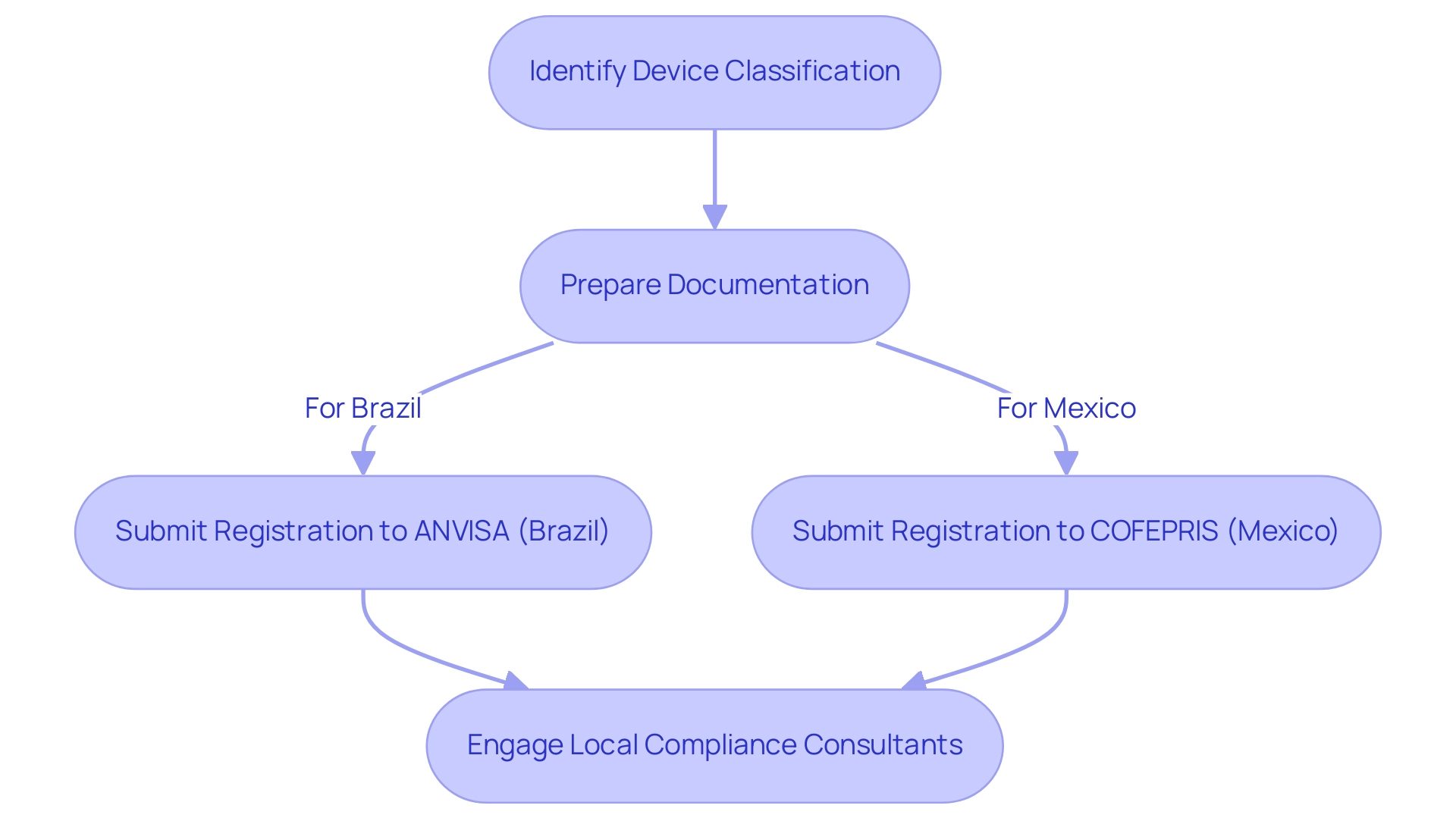 Each box represents a step in the registration process, with blue indicating Brazil and green indicating Mexico.