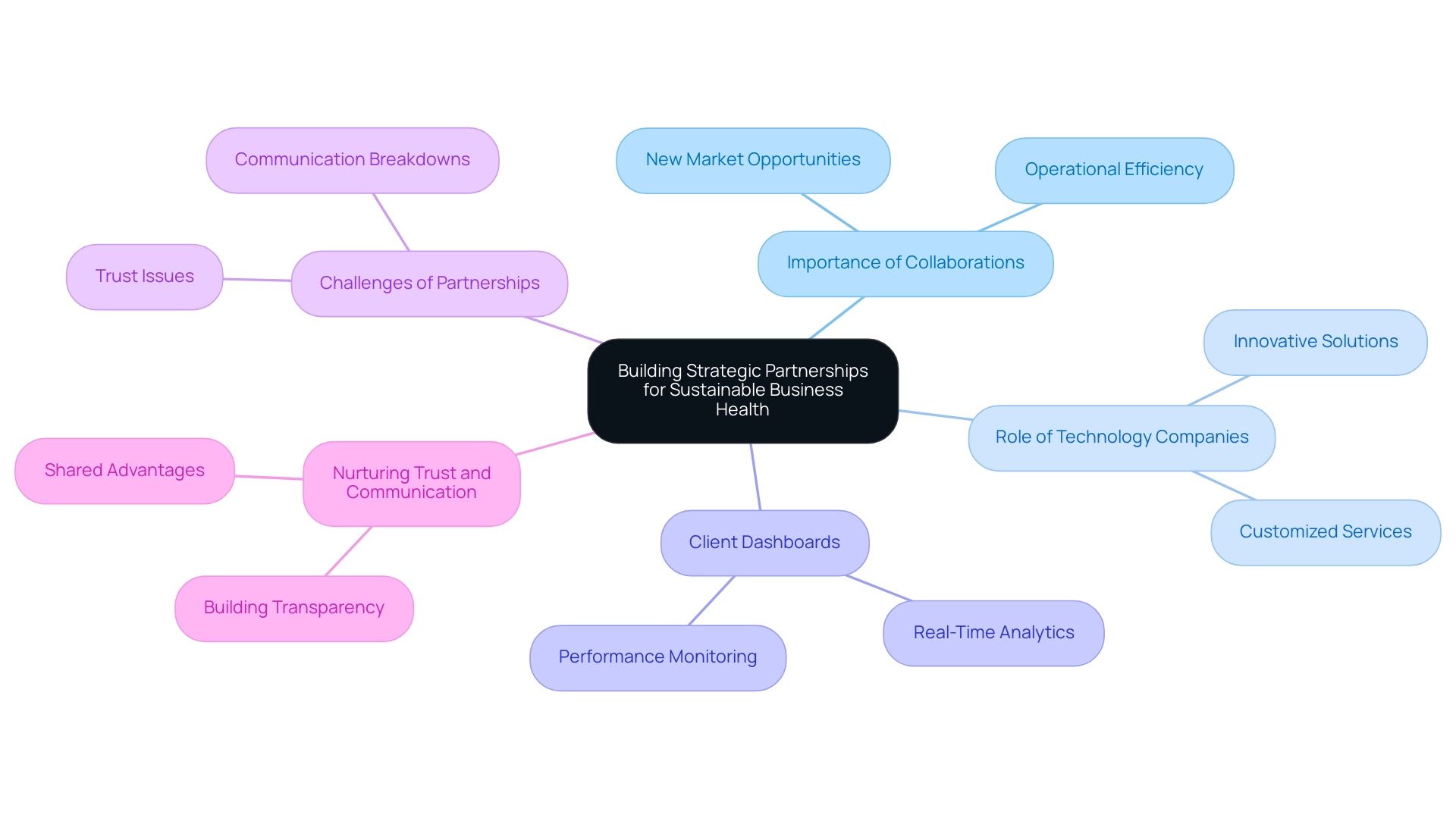 Each branch represents a key area of focus within strategic partnerships, with sub-branches detailing specific aspects or challenges associated with each area.