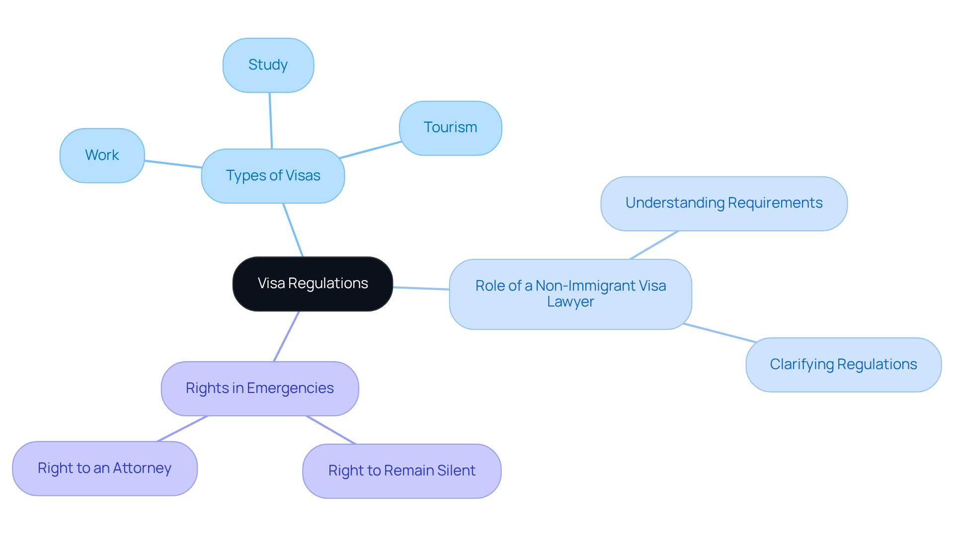 Start at the center with the main topic of visa regulations, then follow the branches to explore different types of visas, the lawyer's role in navigating these regulations, and your rights during emergencies.