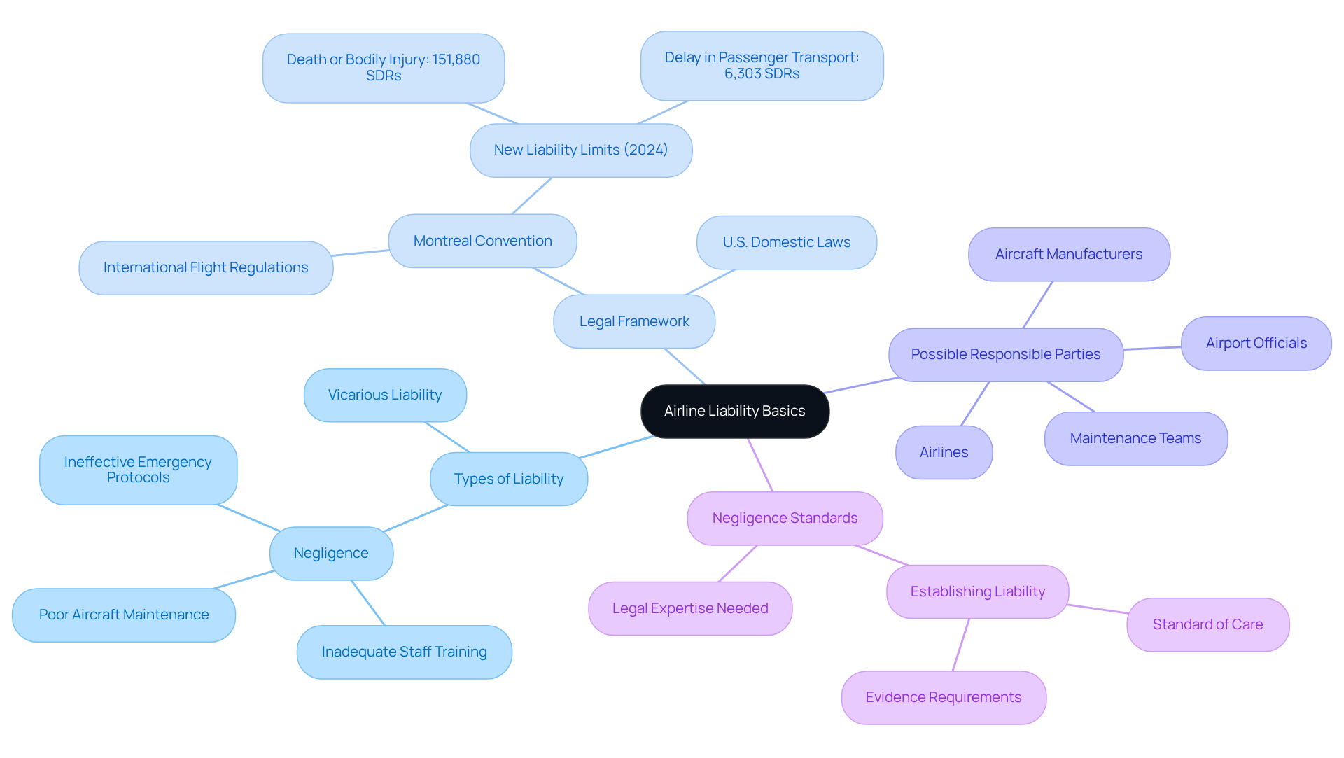 Start at the center with the main topic of airline liability. Follow the branches to explore different aspects like types of liability and legal frameworks, and see how they relate to each other. Each color represents a different category, making it easier to navigate through the information.