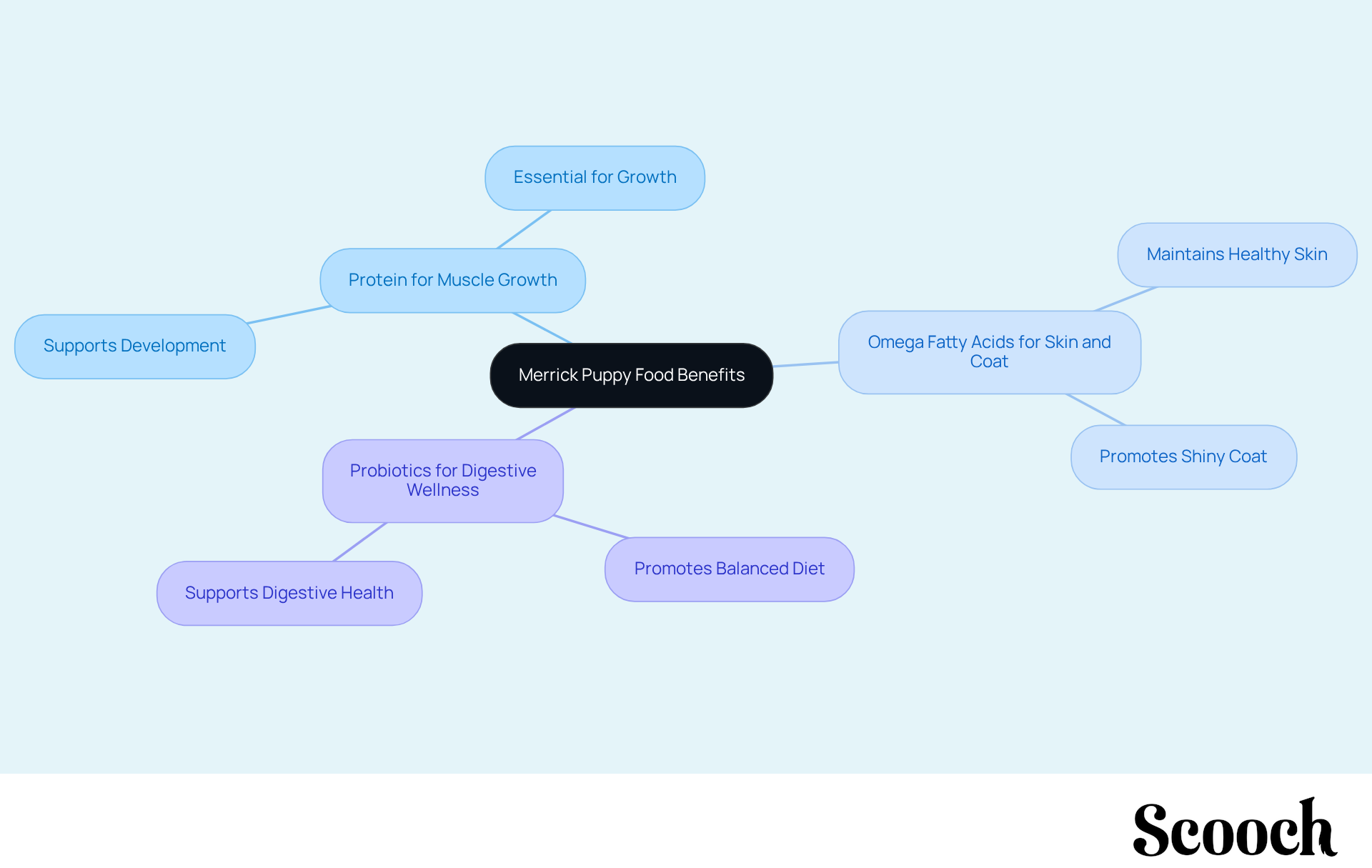 The central node represents Merrick's puppy food, and each branch shows a specific health benefit. Follow the branches to explore how each aspect contributes to your dog's overall well-being.