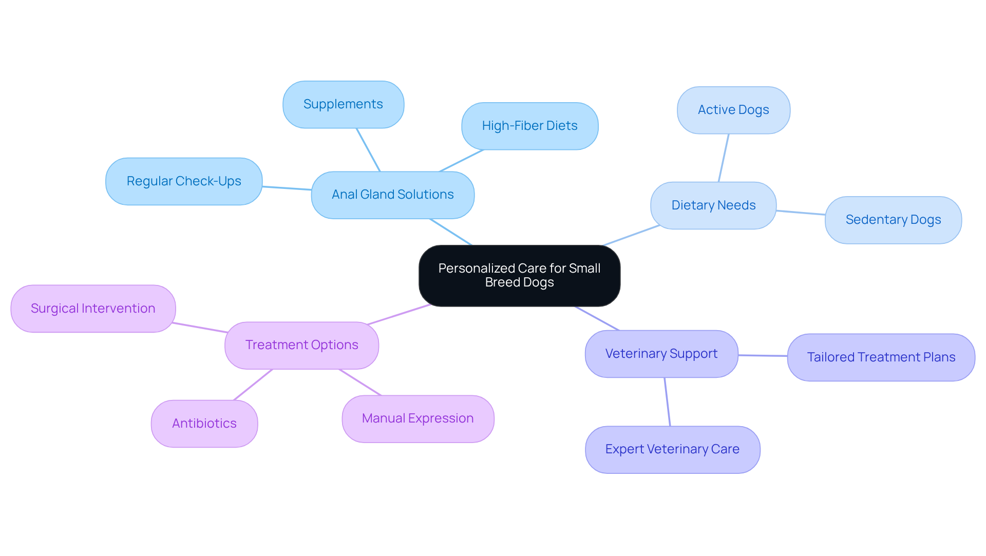 This mindmap illustrates how to care for small breed dogs. Start at the center with the main idea of personalized care, then explore branches that cover different aspects like dietary needs and treatment options. Each branch shows how these elements connect to keeping your furry friend healthy and happy.