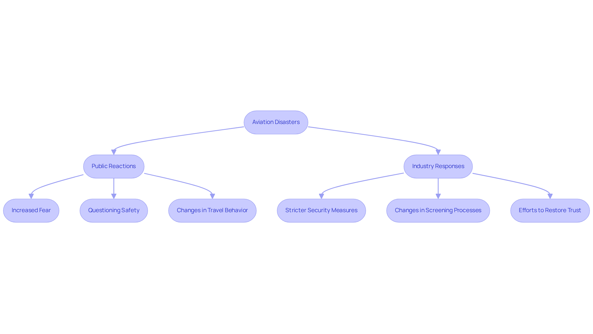 This flowchart illustrates how aviation disasters impact both public sentiment and industry actions. Follow the arrows to see how fear and uncertainty lead to changes in behavior and security measures.
