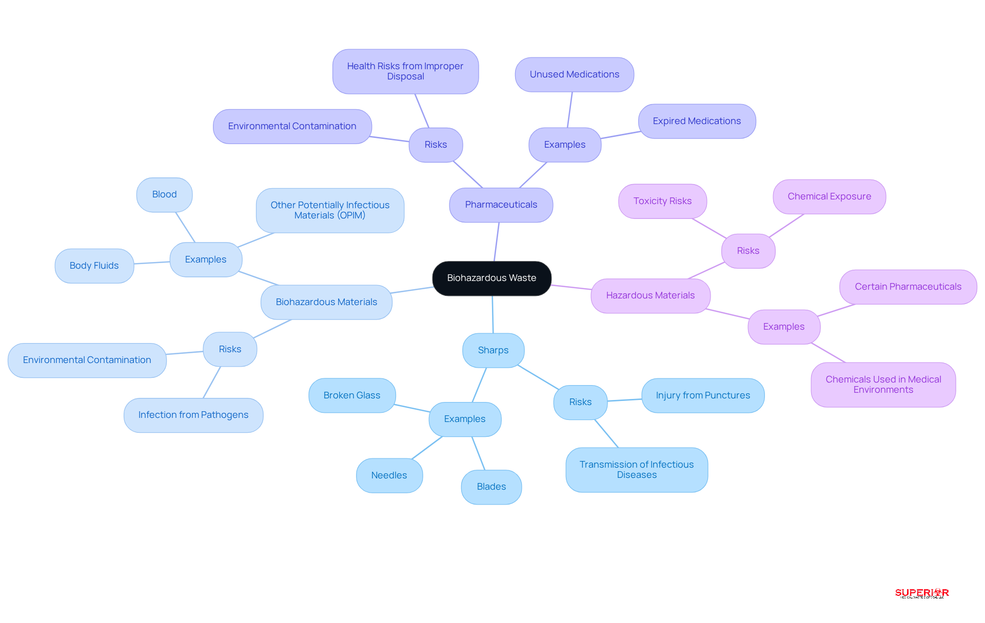 The central node represents biohazardous waste, while the branches show different categories. Each category highlights specific risks and examples, helping you understand the importance of proper management.