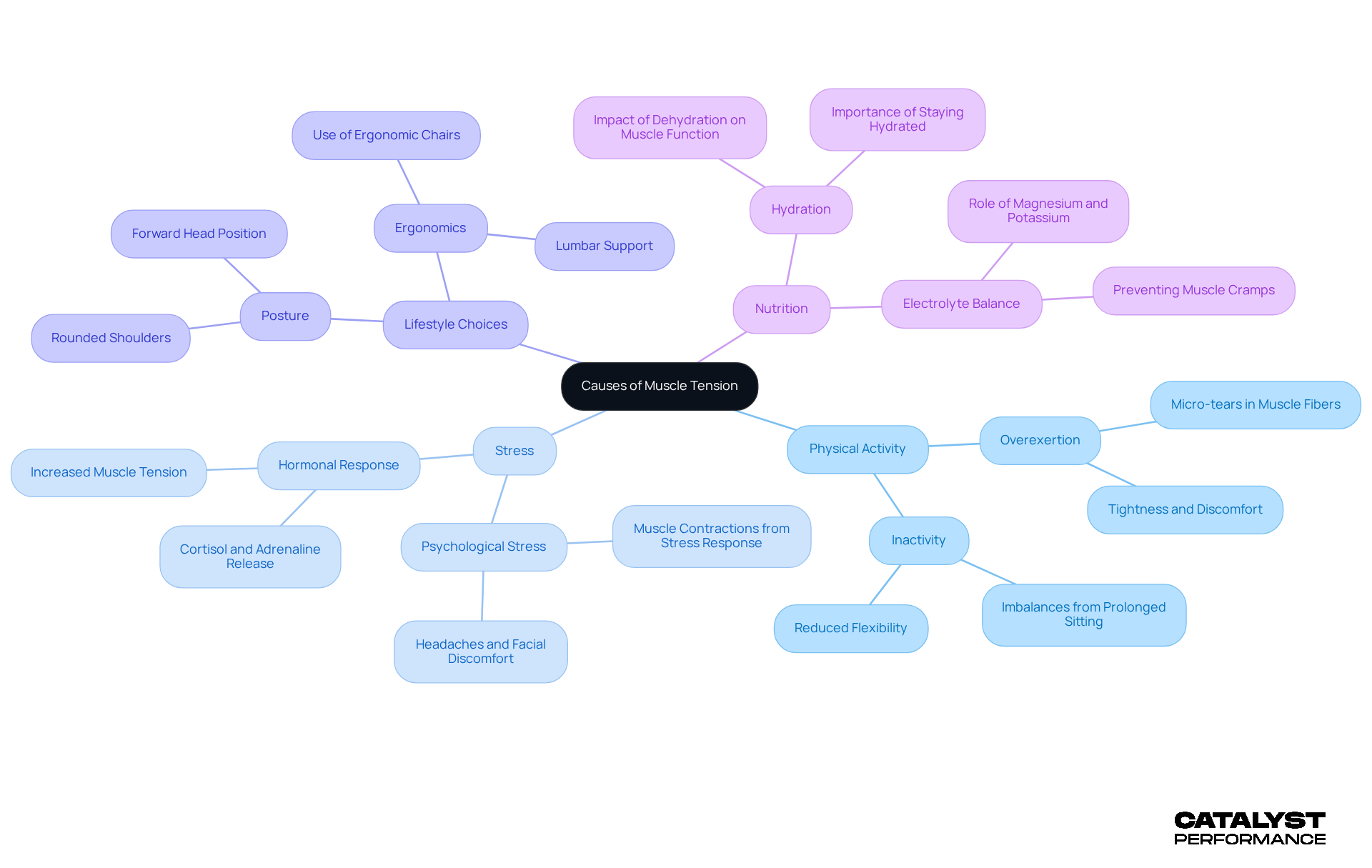 The central node represents the main topic, while the branches show different causes of muscle tension. Each color-coded branch helps you see how various factors contribute to muscle tightness and discomfort.