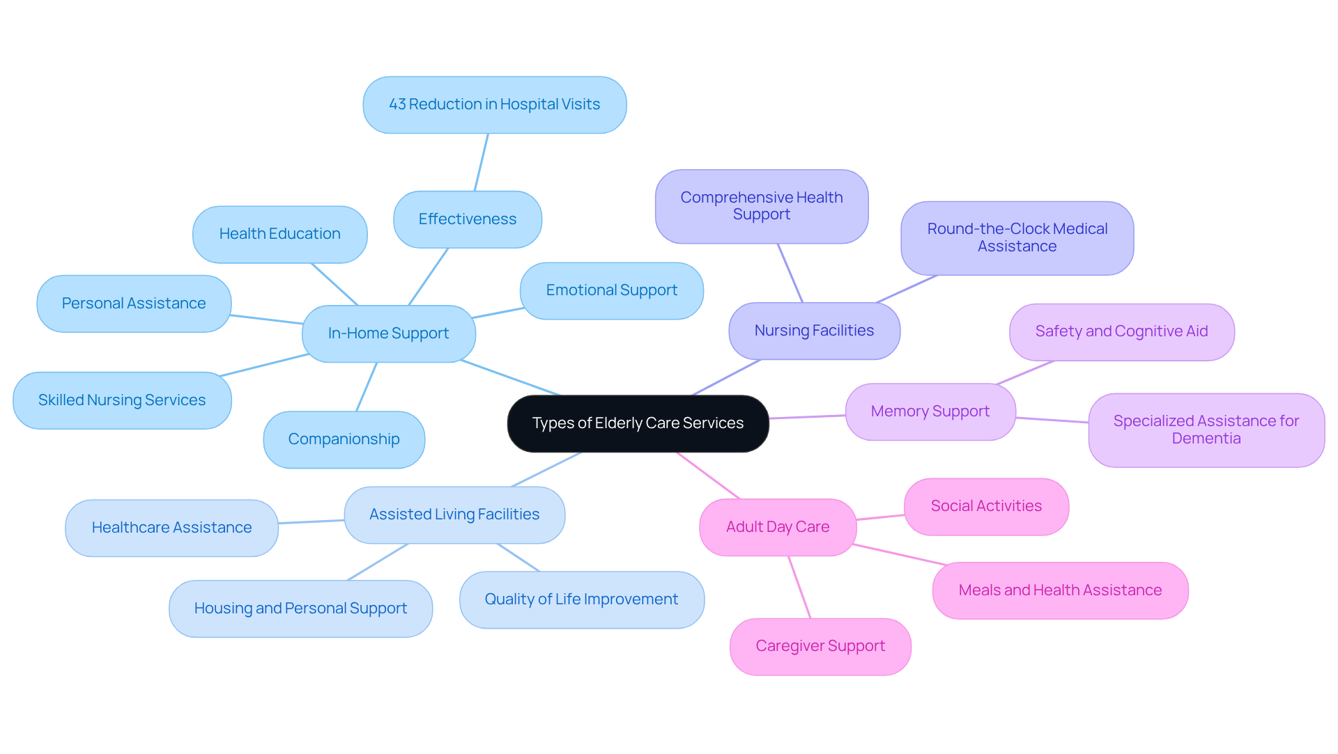 The center shows the main theme of elderly care services, with branches for each type of service. Each branch represents a different category of care, making it easy to explore the options available for seniors.