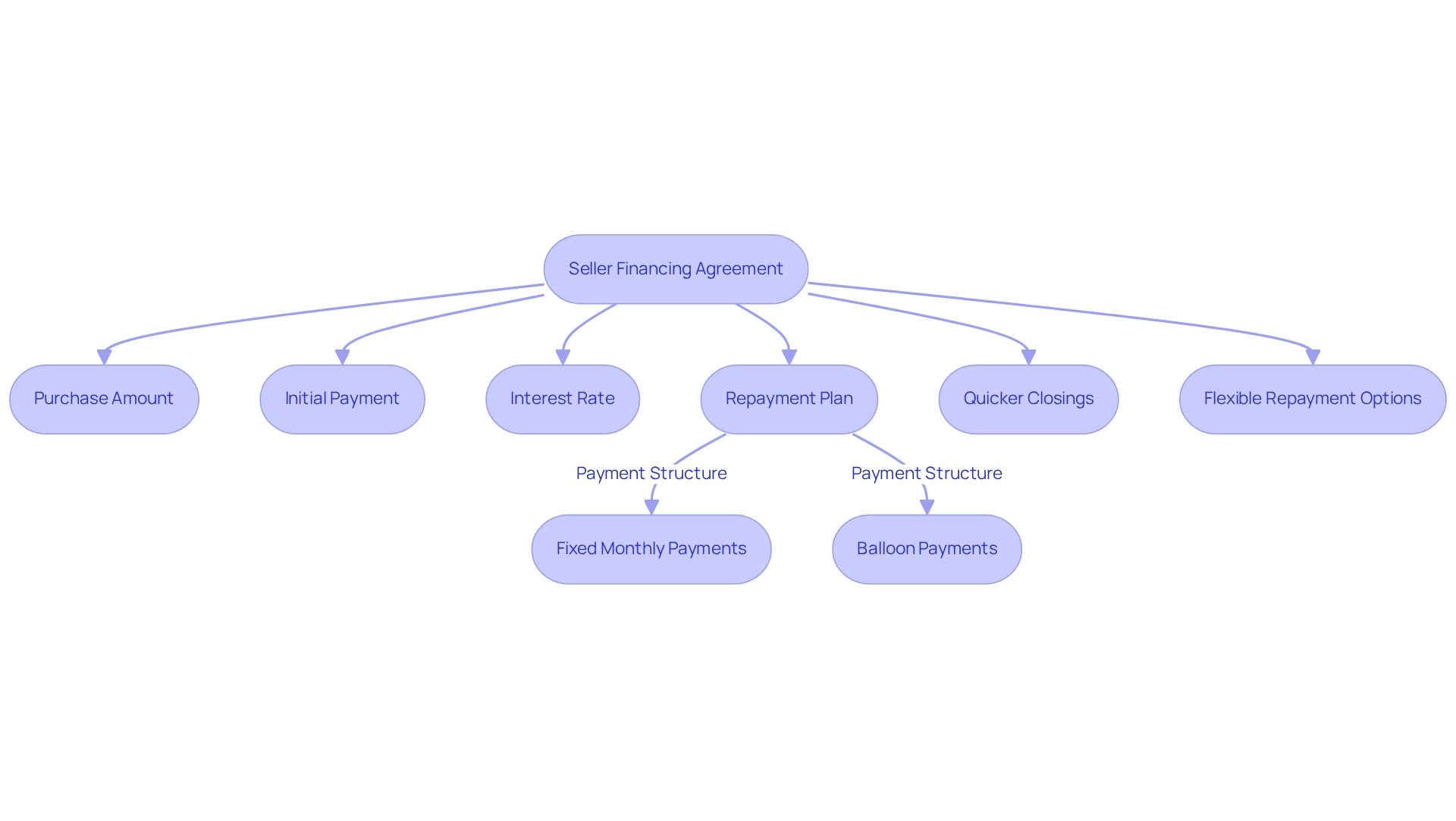 Boxes represent key elements of seller financing, and arrows indicate relationships and flow between steps and options.