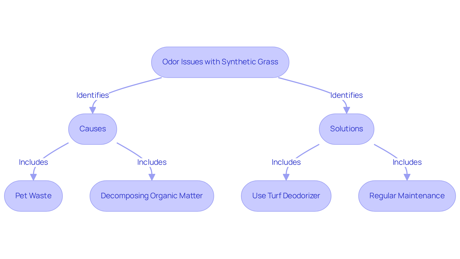 This flowchart shows the common odor problems associated with synthetic grass and the steps you can take to resolve them. Follow the arrows to see how to tackle the issues effectively.