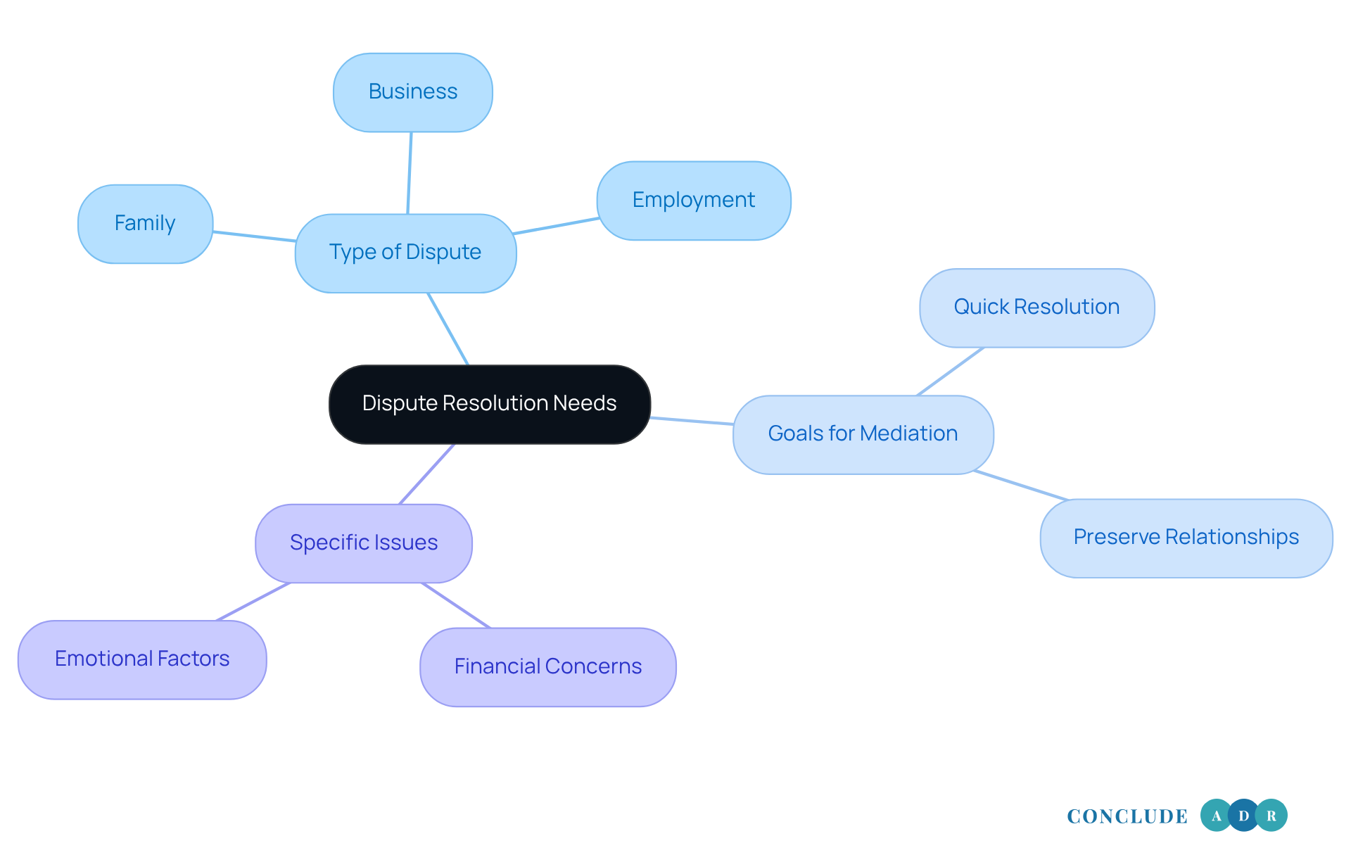 Start at the center with your overall needs, then explore each branch to consider the type of dispute, your goals, and any specific issues that are important to address.