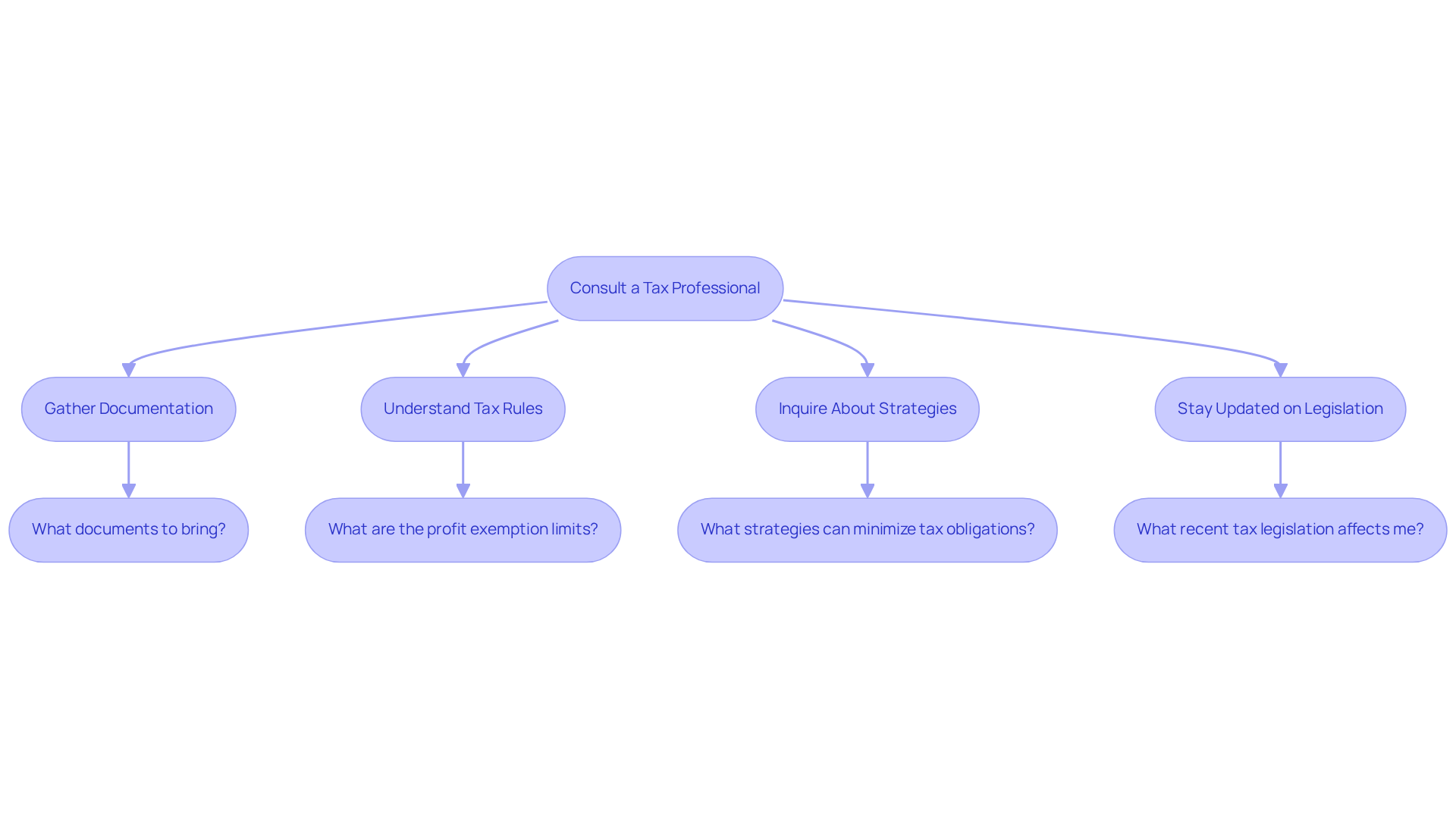 This flowchart guides you through the process of consulting a tax professional when selling your house. Each box represents a step you should take, and the arrows show the order in which to follow them. Start with consulting a professional, then gather your documents, understand the tax rules, inquire about strategies, and keep up with any new legislation.