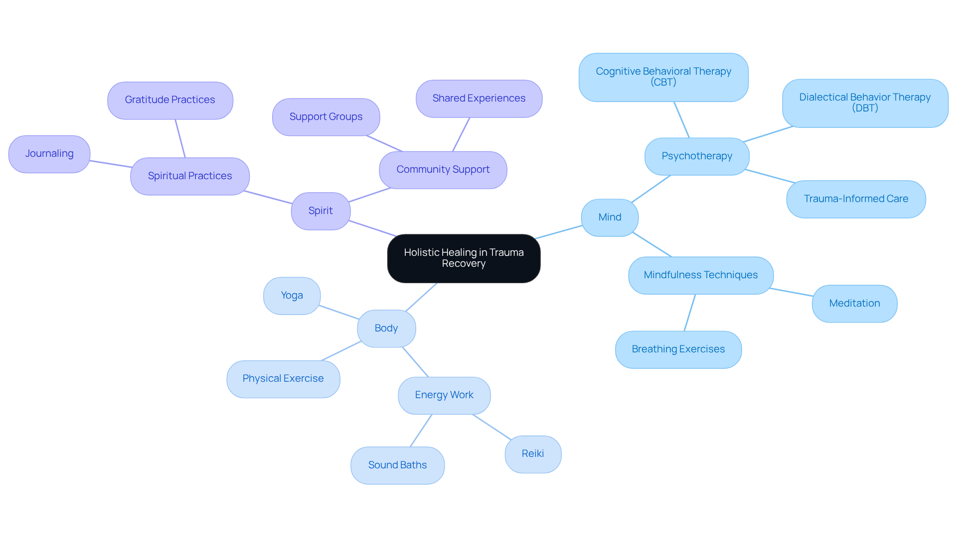 Start at the center with holistic healing, then explore how different practices support recovery. Each branch represents a key area of focus, showing how they contribute to overall wellness.