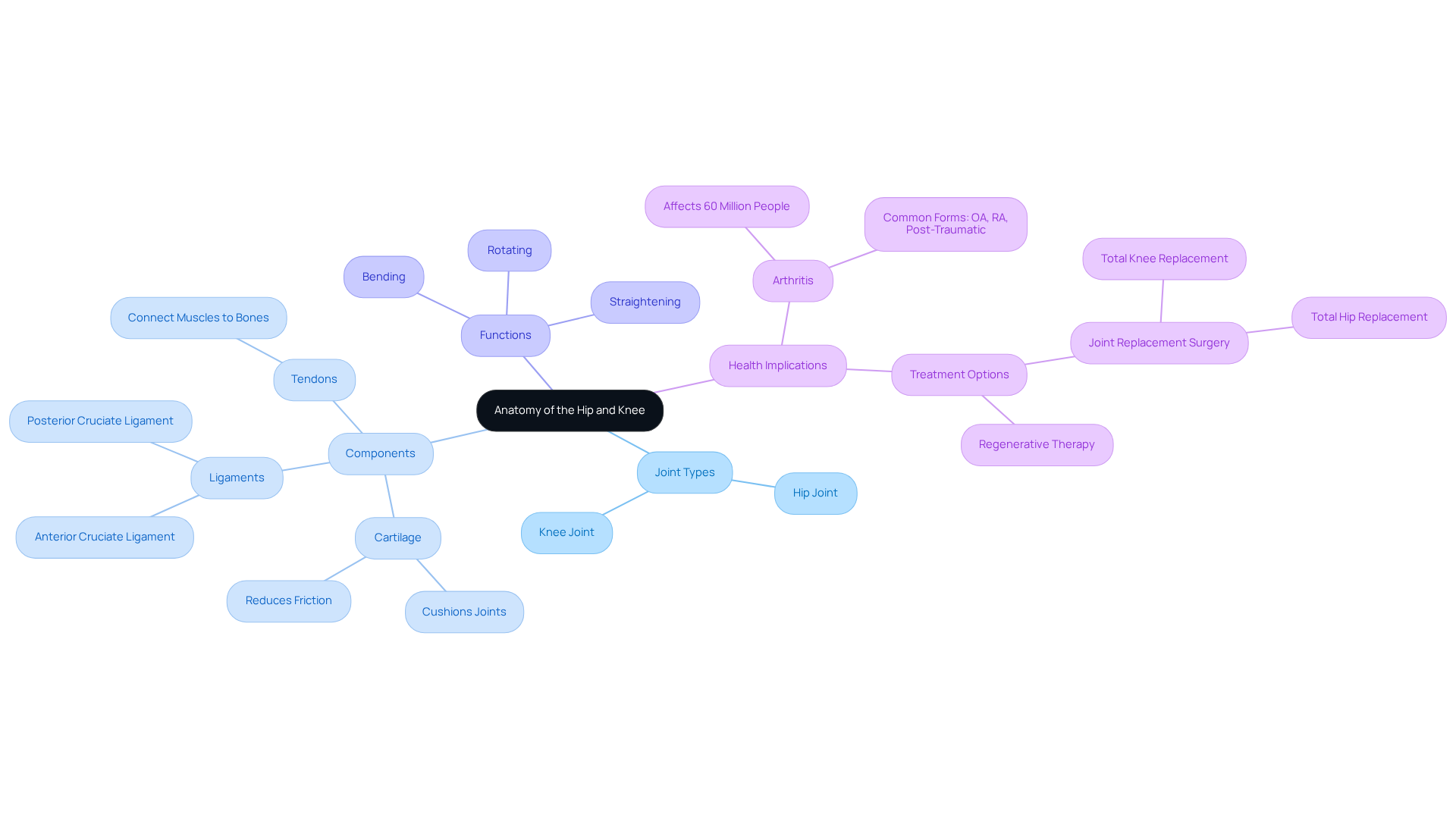 This mindmap illustrates the anatomy and function of the hip and knee joints. Start at the center with the main topic, then explore the branches to learn about different joint types, their components, how they function, and the health implications related to joint pain. This mindmap illustrates the anatomy and function of the hip and knee joints. Start at the center with the main topic, then explore the branches to learn about different joint types, their components, how they function, and the health implications related to joint pain.