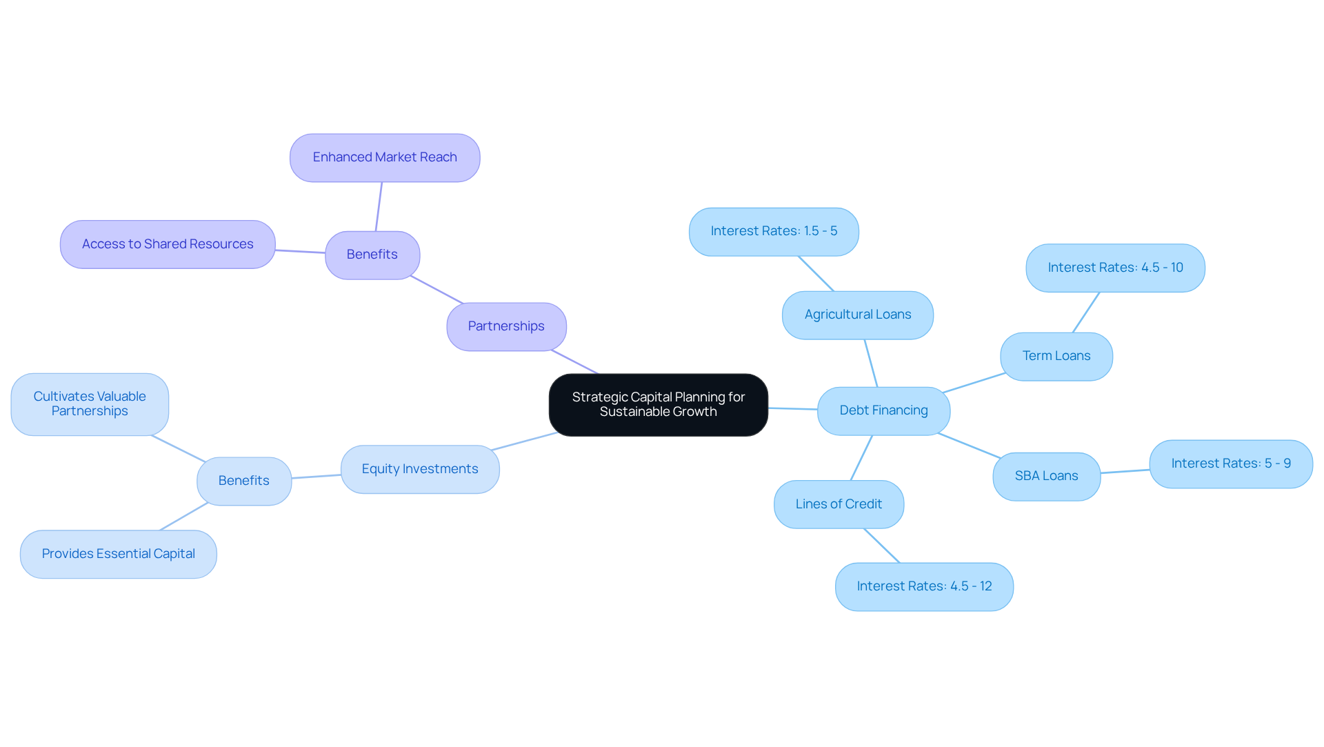 The central idea is about planning for growth, and the branches show different financing options. Each branch can be explored to see specific details, like interest rates and advantages that can help vineyards thrive.