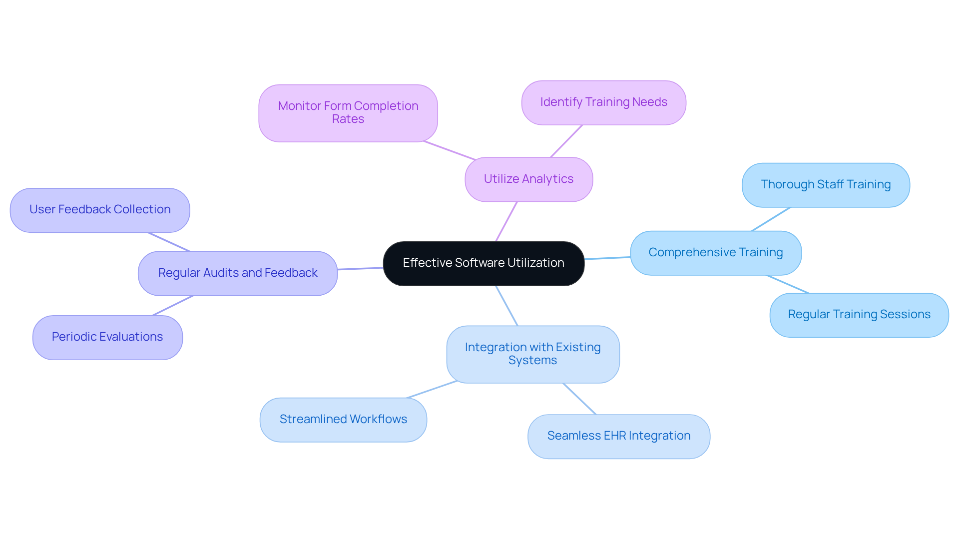 The center represents the main goal of utilizing software effectively, while the branches show the key practices that support this goal. Each practice is a step towards improving efficiency and compliance.