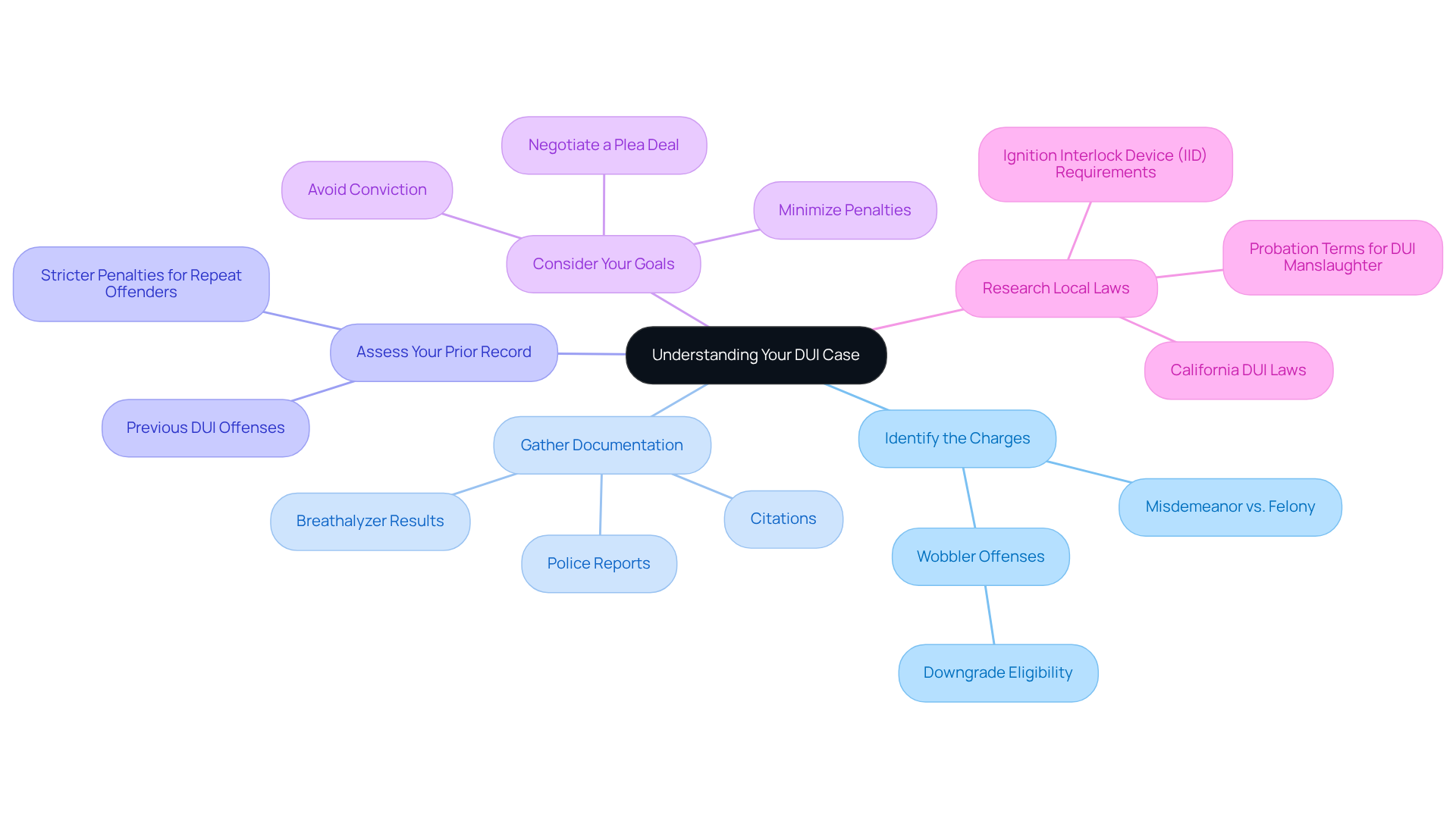 Start at the center with the main topic of understanding your DUI case. Follow the branches to explore each step you should take, with additional details available under each branch. This visual helps you see how each step connects to the overall process. Start at the center with the main topic of understanding your DUI case. Follow the branches to explore each step you should take, with additional details available under each branch. This visual helps you see how each step connects to the overall process.