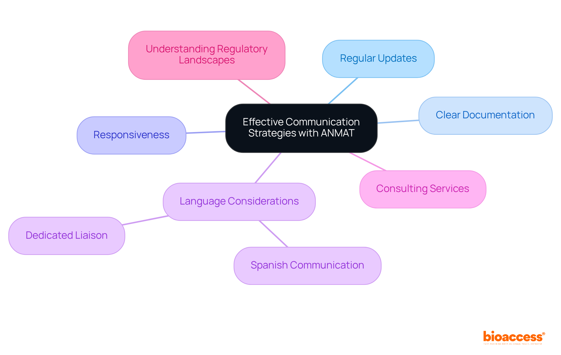 Start at the center with the main communication strategy, then explore each branch to see specific actions and considerations that enhance engagement with regulatory authorities.
