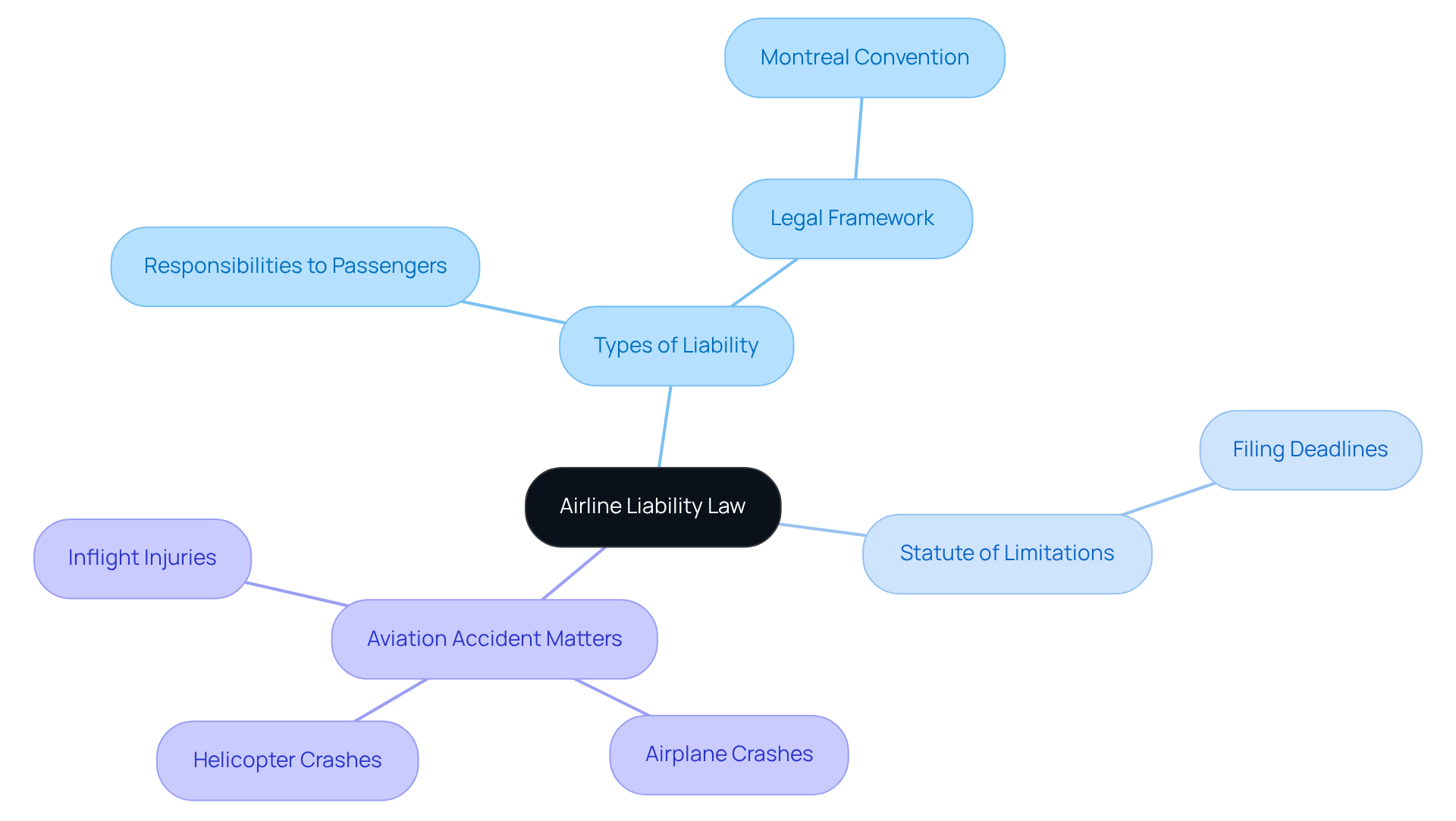 The central node represents the main topic of airline liability law. Each branch shows a key area of focus, helping you understand the responsibilities of airlines and the legal considerations involved. Follow the branches to explore specific types of liability, important deadlines, and various aviation incidents. The central node represents the main topic of airline liability law. Each branch shows a key area of focus, helping you understand the responsibilities of airlines and the legal considerations involved. Follow the branches to explore specific types of liability, important deadlines, and various aviation incidents.
