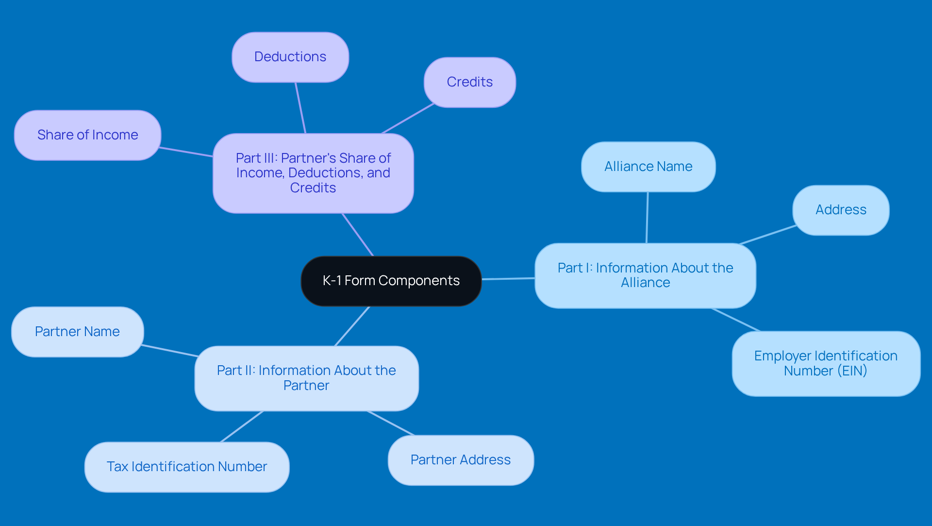 The center shows the K-1 form, and each branch represents a part of the form. Follow the branches to see what specific information you need to gather for each section.