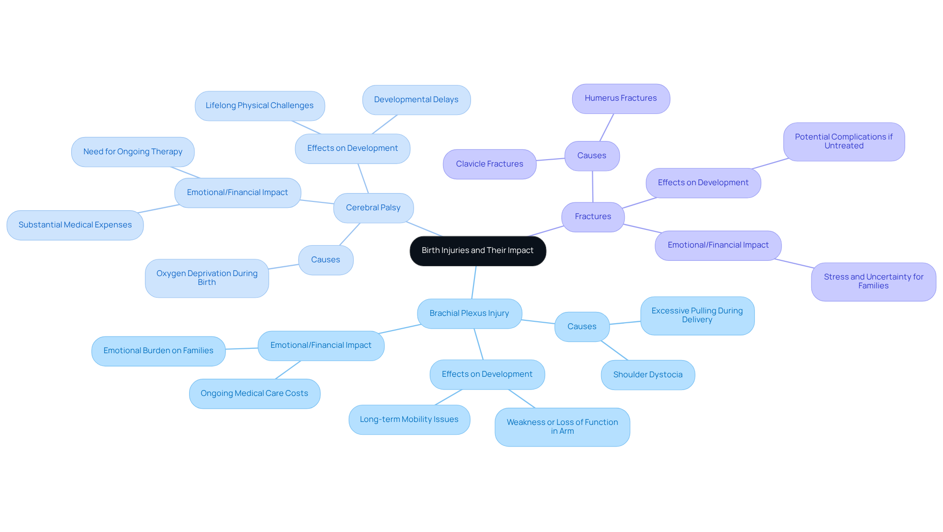 The central node represents the overall topic of birth injuries. Each branch shows a specific type of injury, with further details on causes and effects. This helps visualize how different injuries relate to the challenges families face.