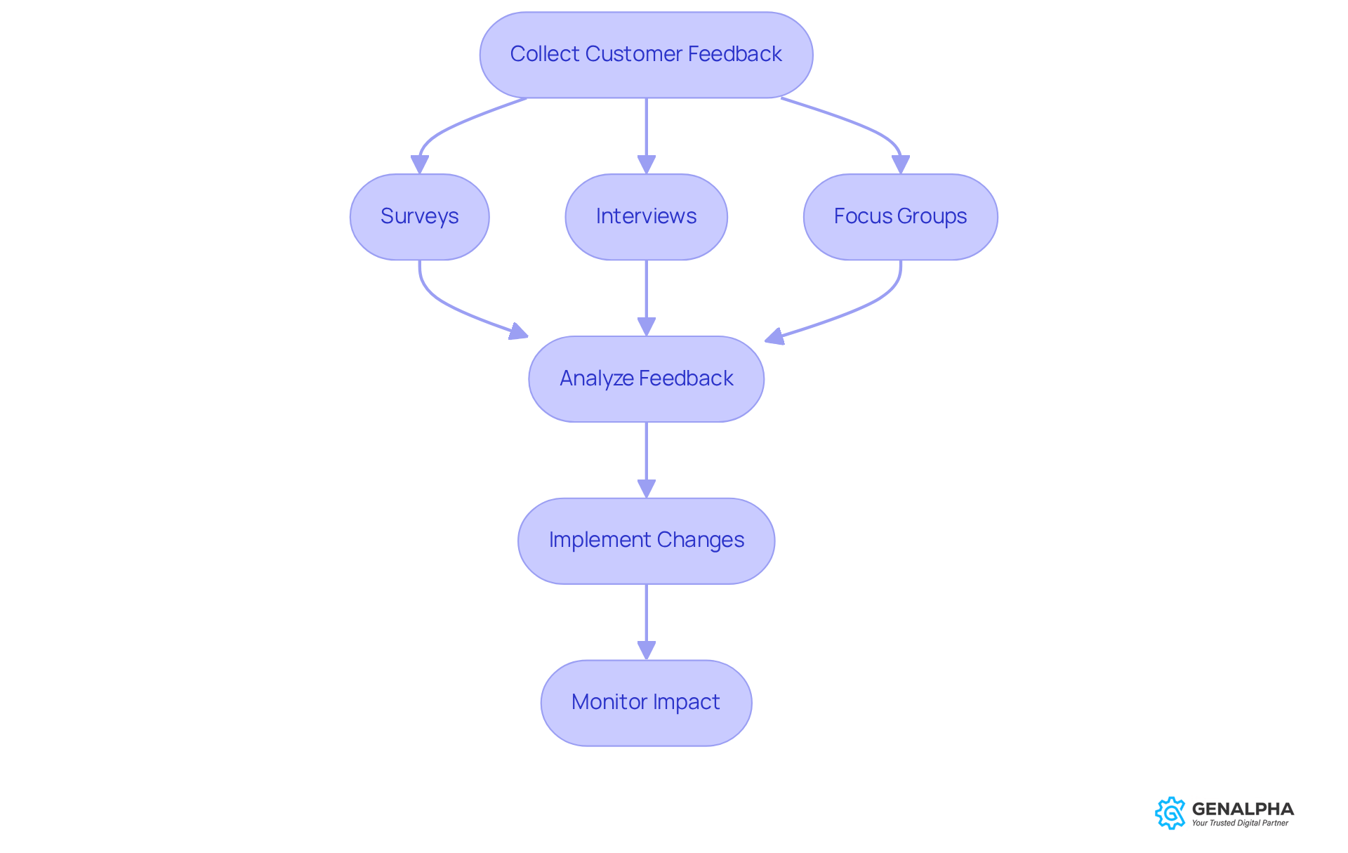 This flowchart shows the steps to gather and analyze customer feedback. Start at the top with collecting feedback through various methods, then move down to analyze it, implement changes based on insights, and finally monitor the impact of those changes.