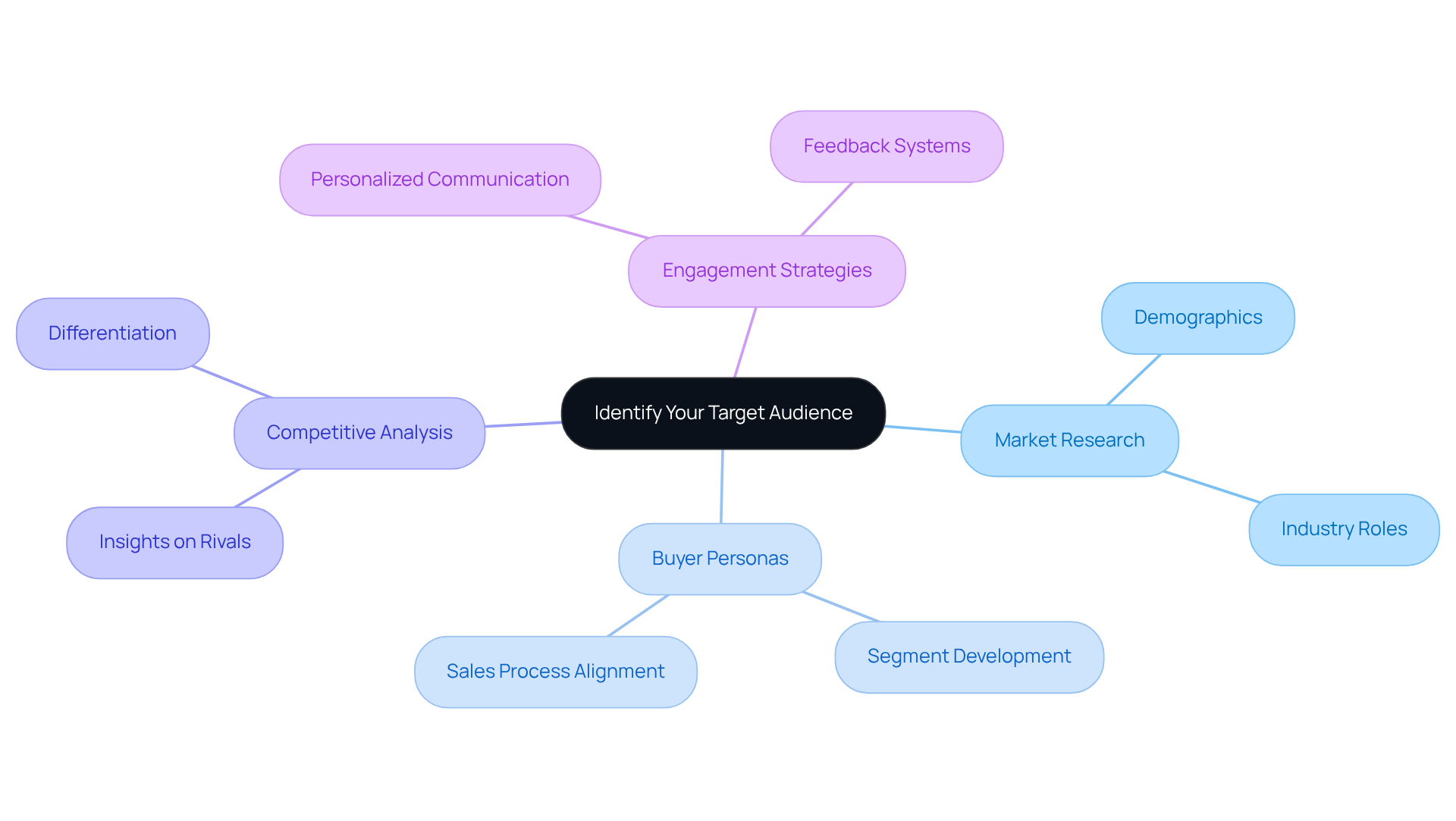 Start at the center with the main goal of identifying your target audience. Follow the branches to explore different strategies—each branch represents a key area of focus, and sub-branches show specific actions or considerations.