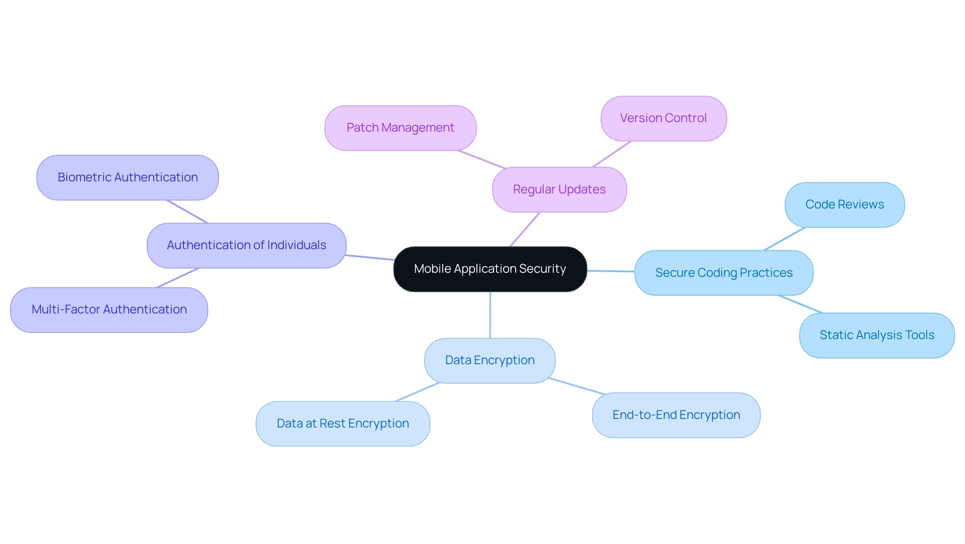 The central node represents mobile application security, with branches showing essential protective measures. Different colors indicate different categories of measures.