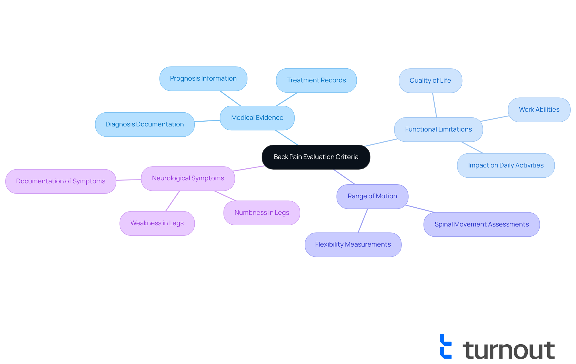 The central idea represents the overall evaluation of back pain, with branches showing the key criteria considered. Each branch highlights an important aspect that contributes to understanding the evaluation process.