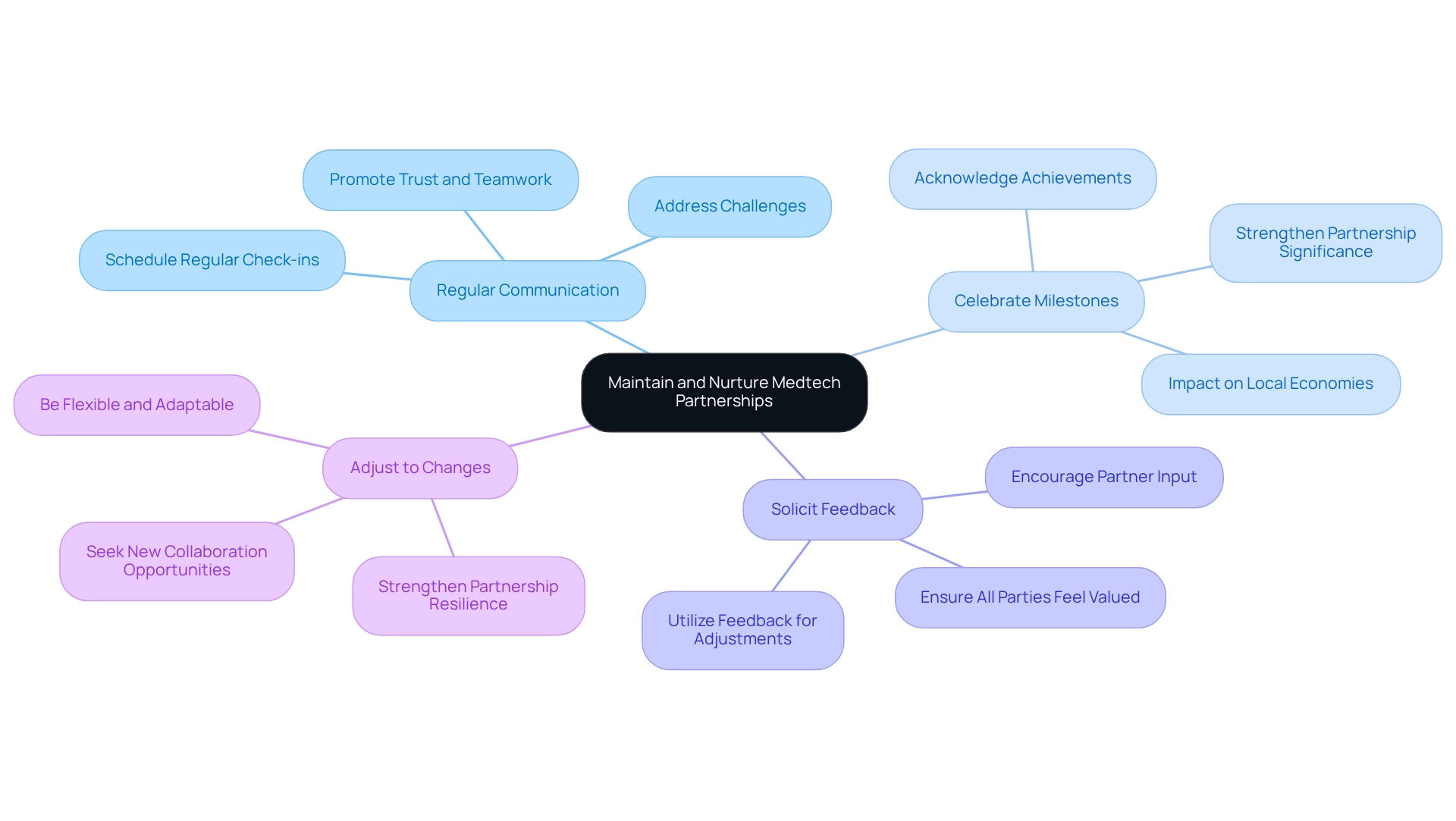 The central node represents the overall goal of maintaining partnerships. Each branch details a specific strategy, making it clear what actions can be taken to strengthen these collaborations.