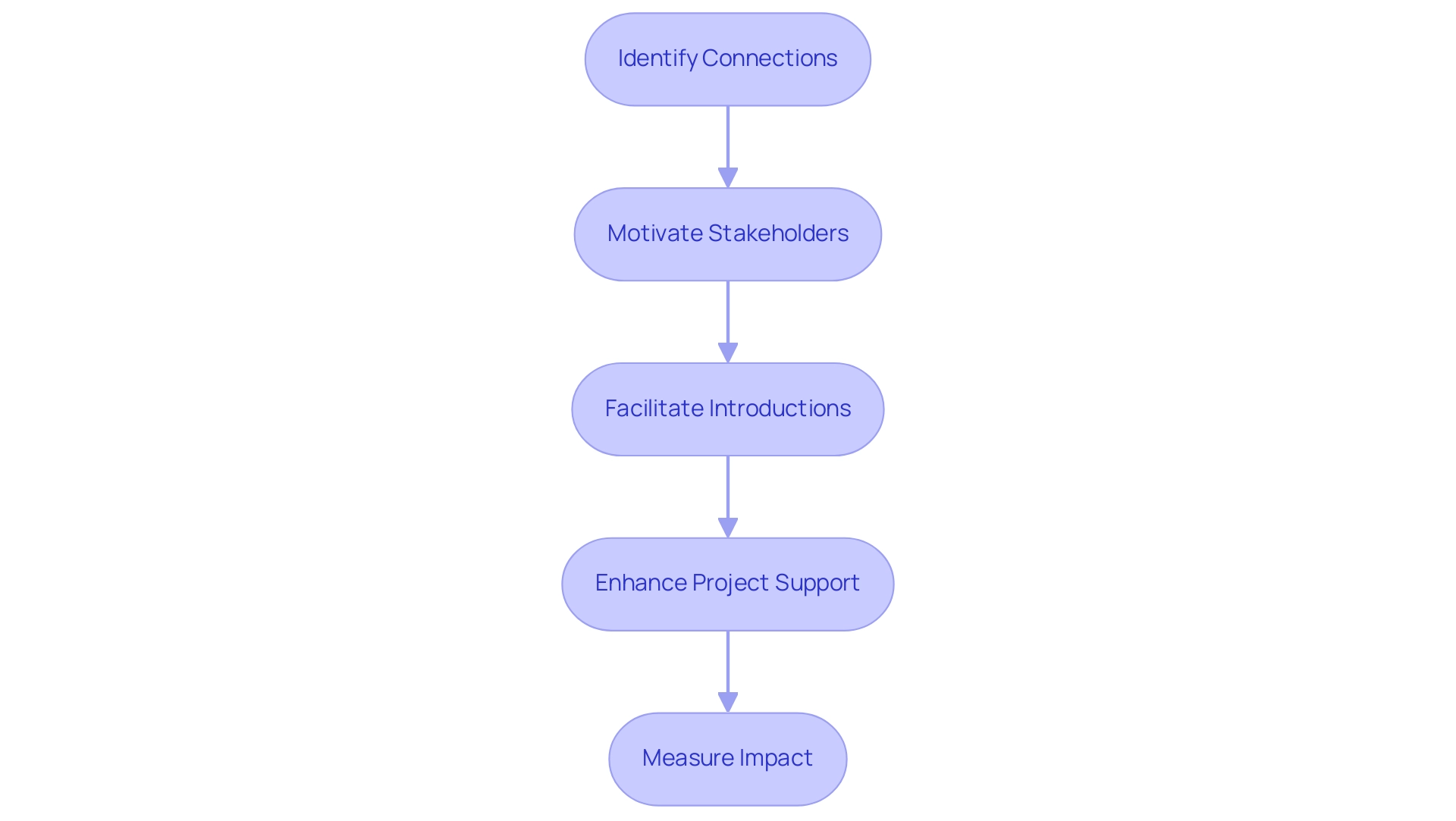 Blue boxes represent actions, green boxes represent outcomes, and red boxes represent measurement steps in the stakeholder networking process.