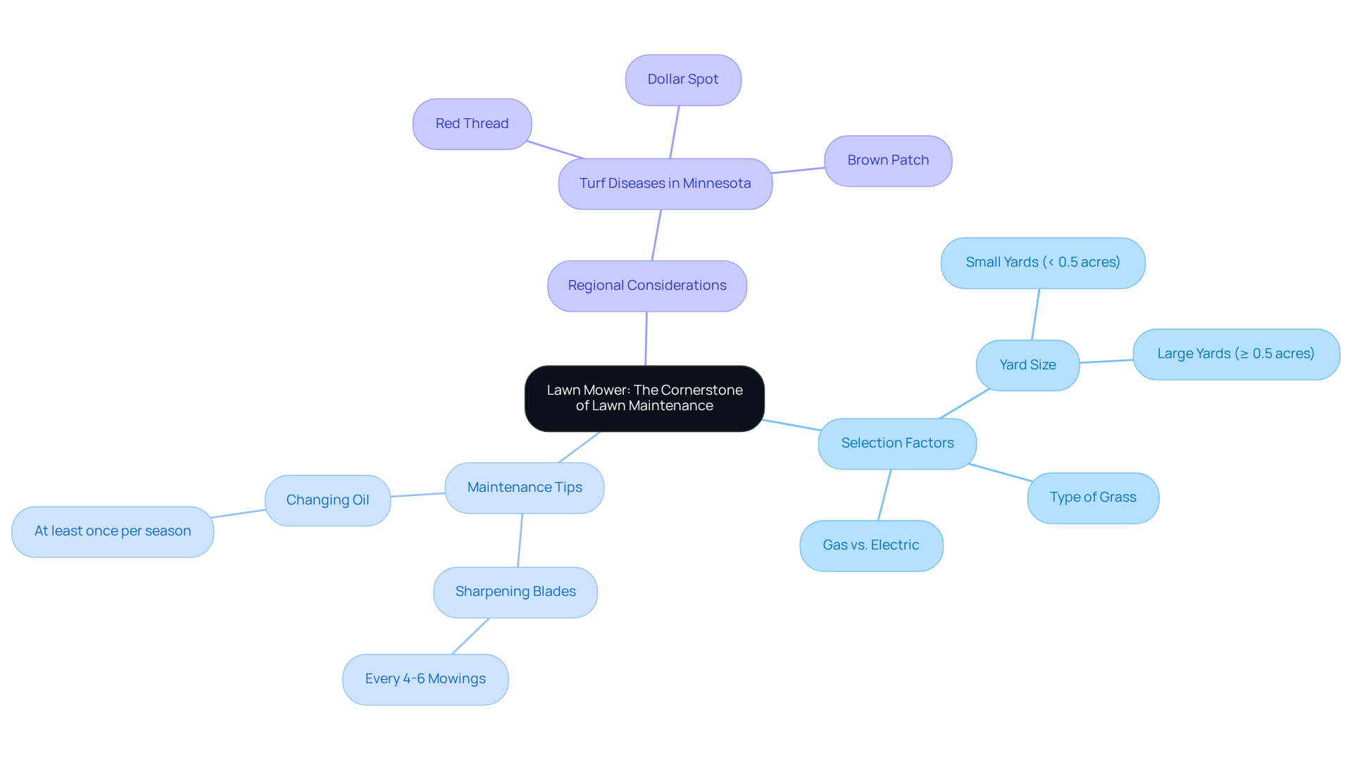Start at the center with the main idea about lawn mowers, then explore the branches to see what factors to consider when choosing one, how to maintain it, and specific regional issues to keep in mind.