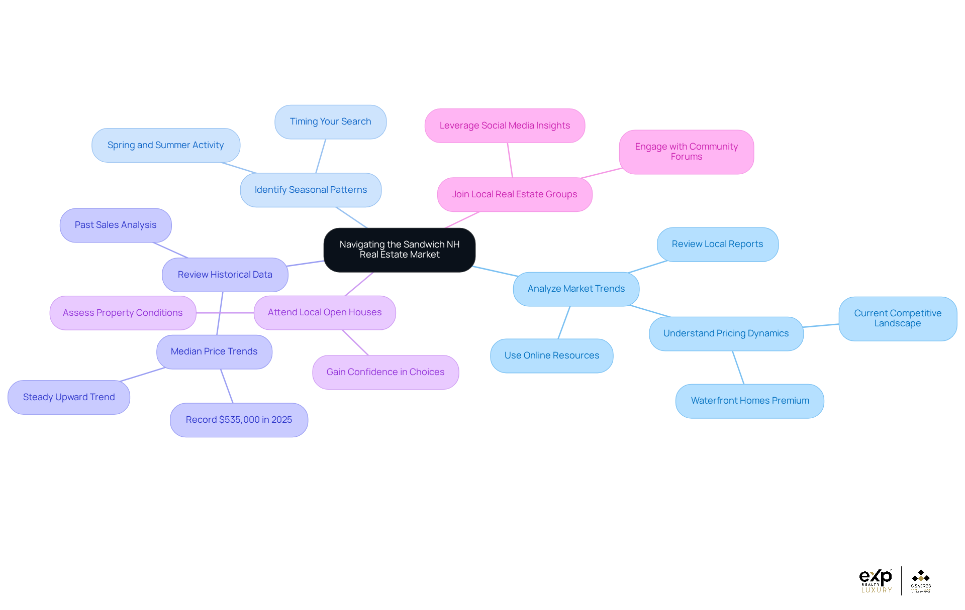 The central node represents the main topic, while each branch shows a strategy you can use. Follow the branches to see specific actions you can take to better understand and navigate the real estate market.