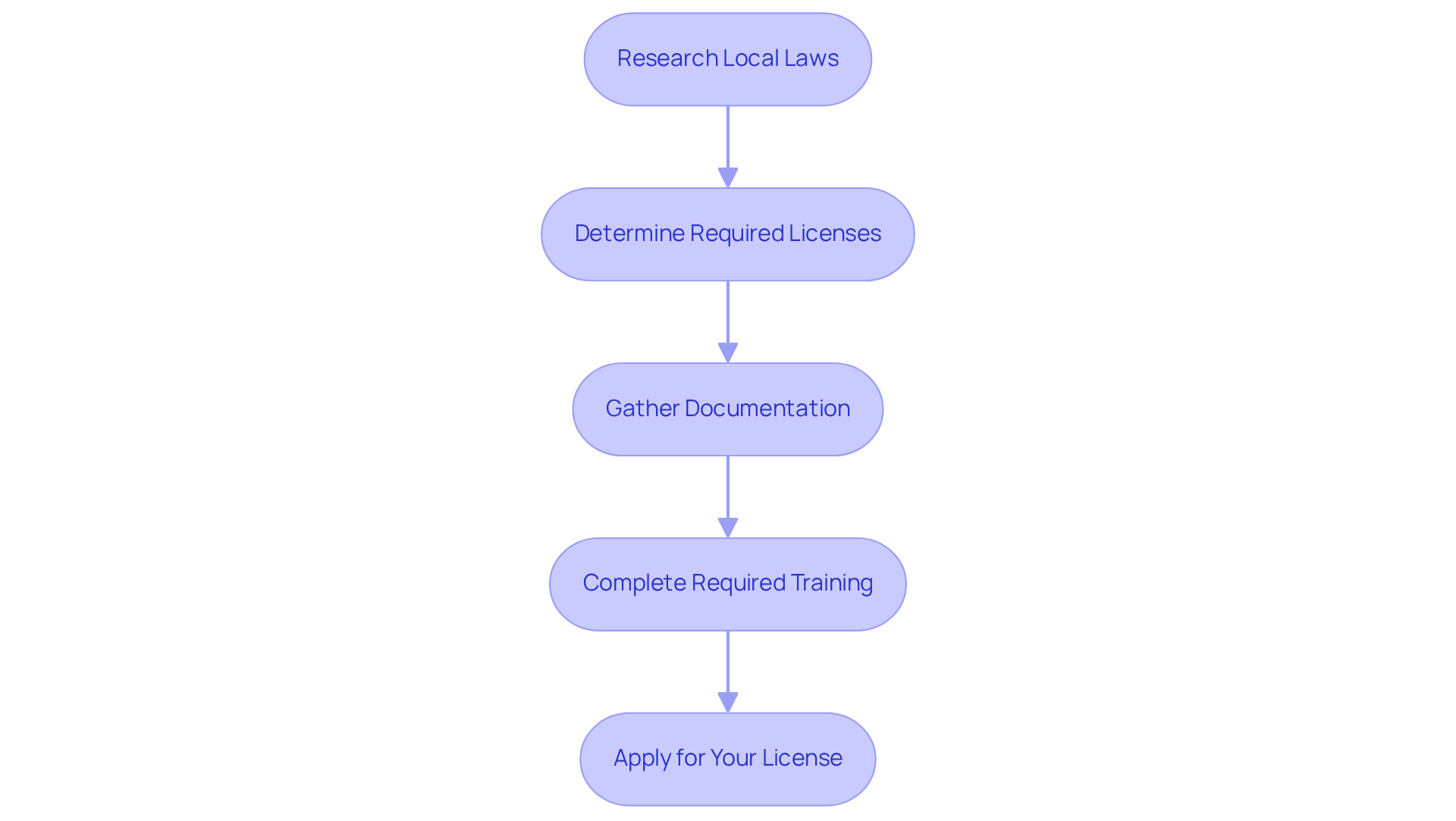 Each box shows a step you need to take on your journey to get licensed. Follow the arrows from one step to the next to successfully navigate the licensing process.