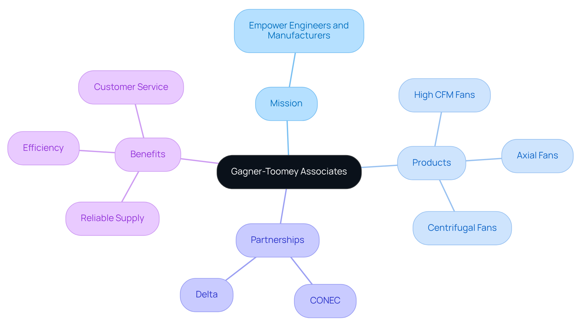 Start at the center with the company name, then explore the branches to see their mission, the products they offer, their strategic partnerships, and the benefits they provide to clients.